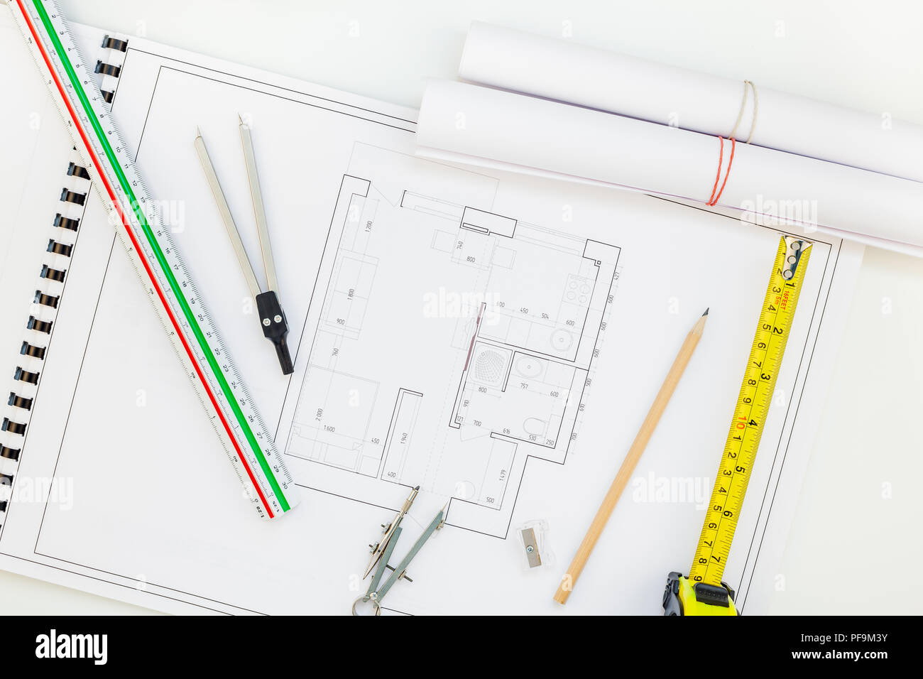 Creative flat lay overhead top view blueprints architectural flat ...