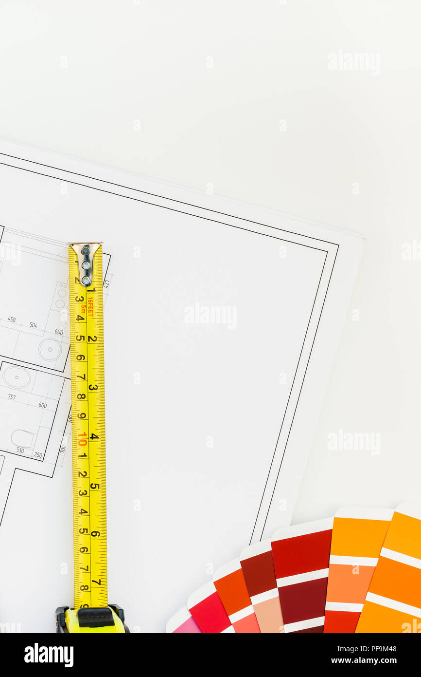 Creative flat lay overhead top view blueprints architectural flat ...