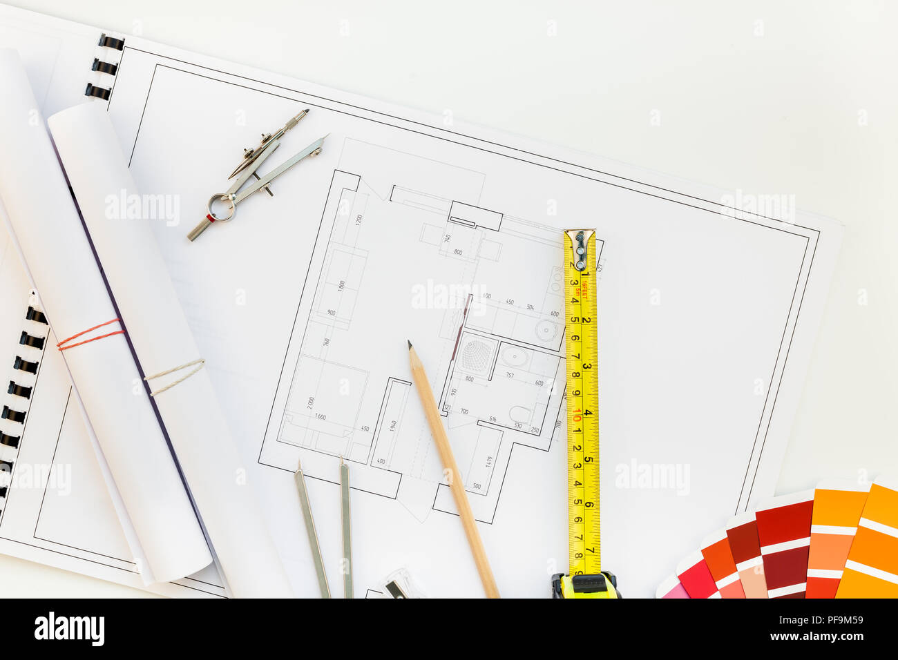 Creative flat lay overhead top view blueprints architectural flat ...