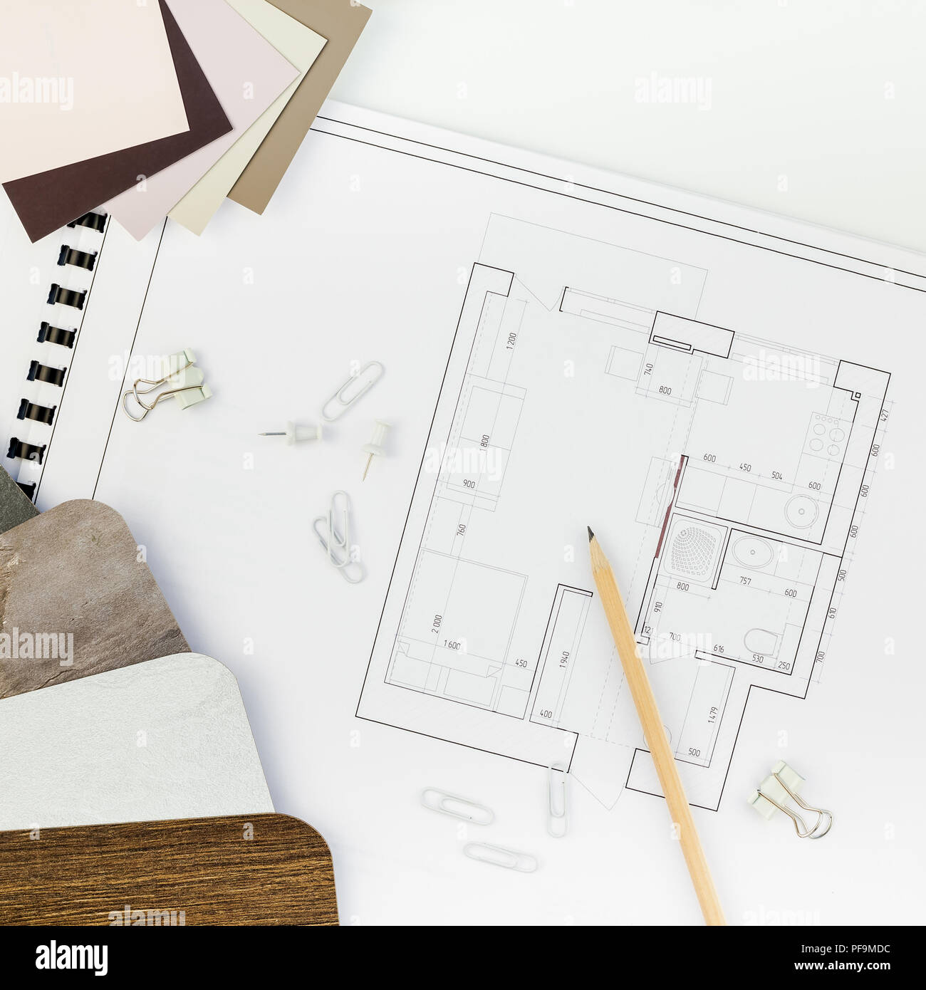 Creative flat lay overhead top view blueprints architectural flat ...