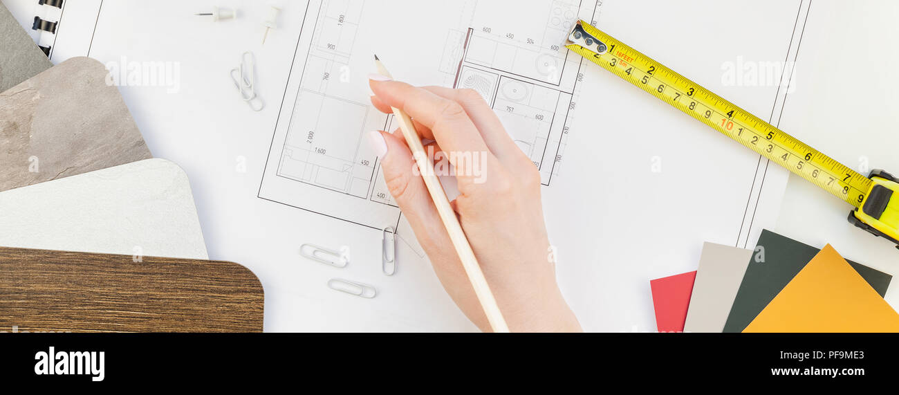 Creative flat lay long wide banner top view blueprints architectural ...