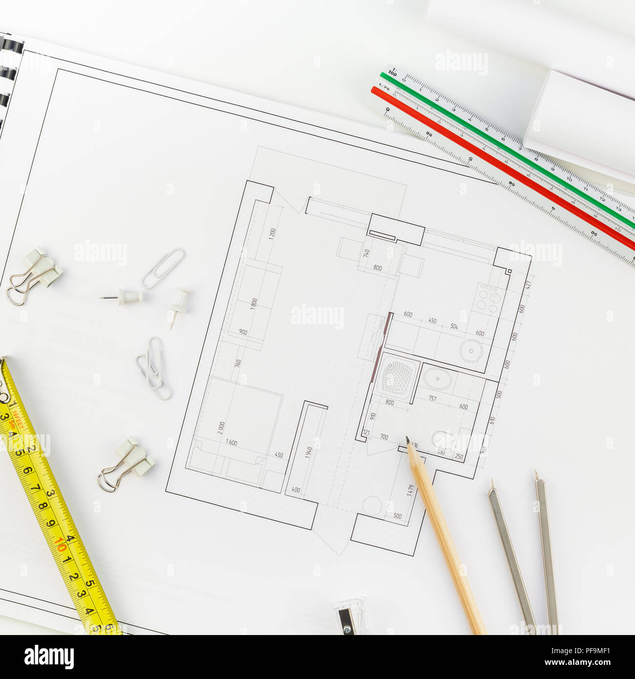 Creative flat lay overhead top view blueprints architectural flat ...