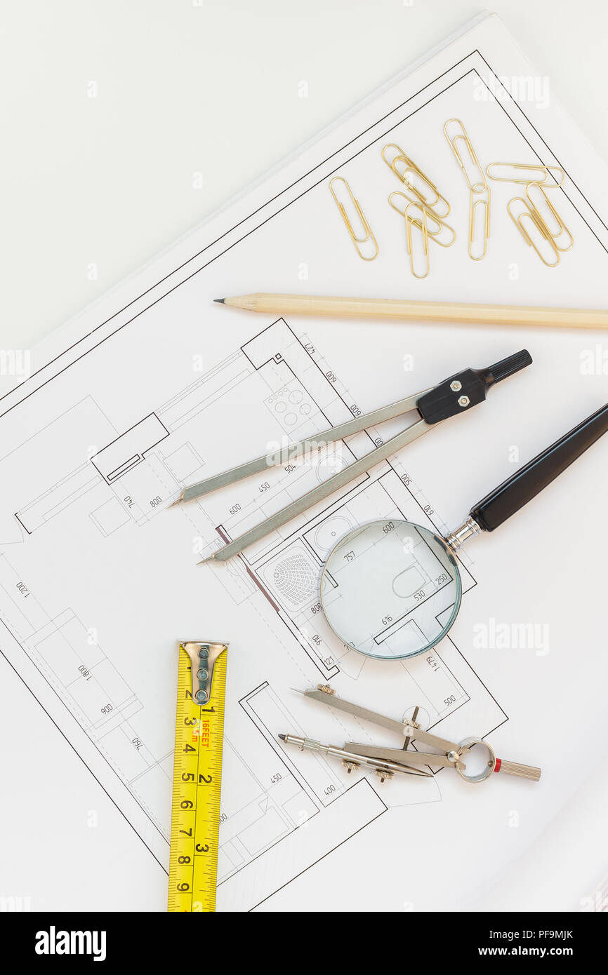 Creative flat lay overhead top view blueprints architectural flat ...