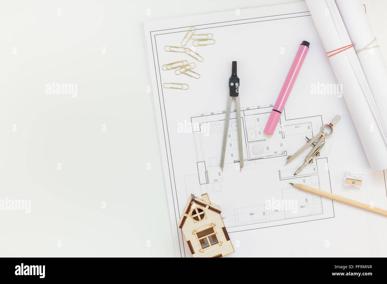 Creative flat lay overhead top view blueprints architectural flat ...