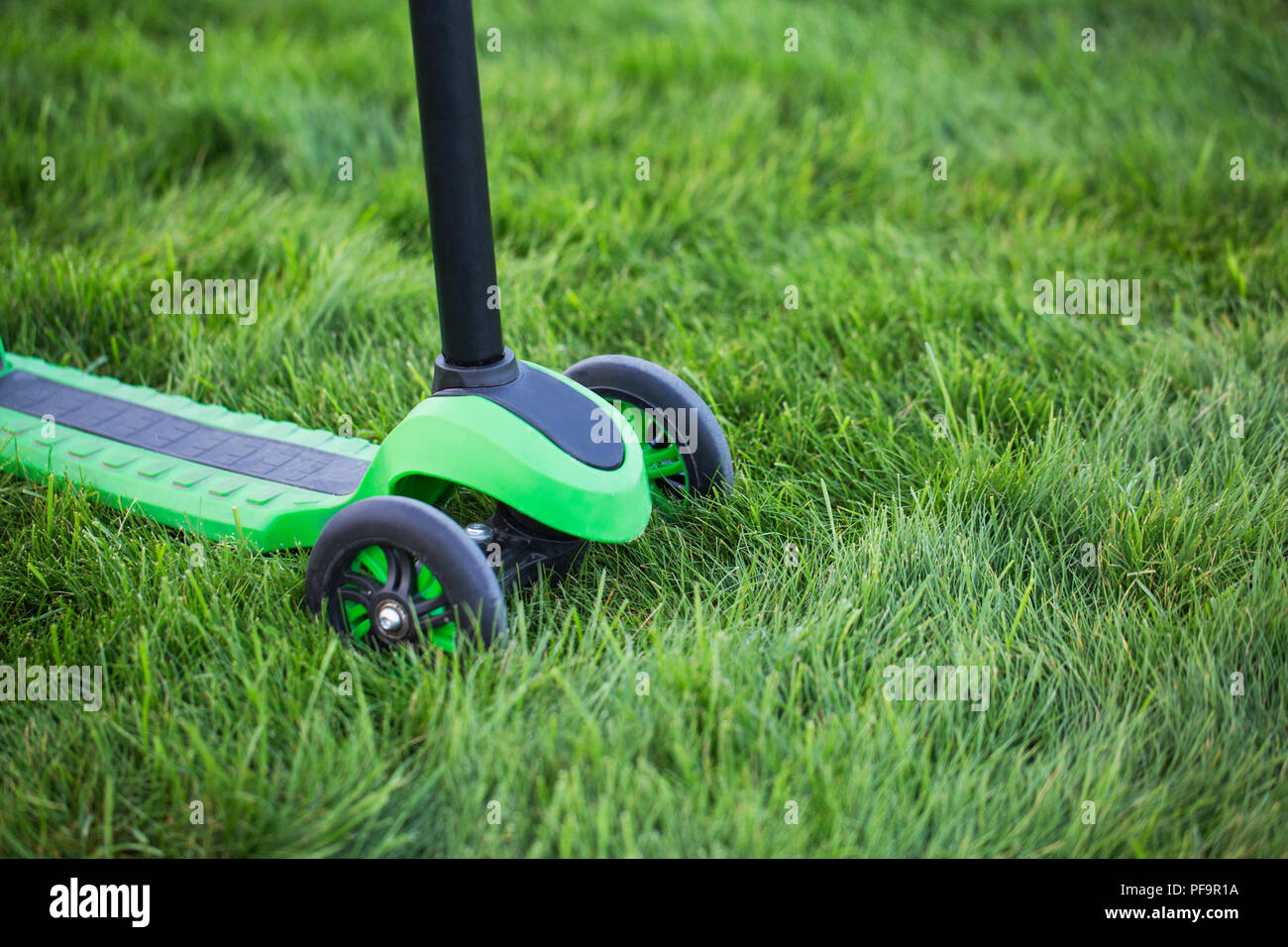 Three-wheeled children's green scooter in a juicy grass close-up, front ...