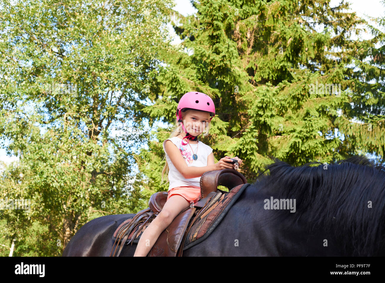 Horseback riding, lovely equestrian - little girl is riding a horse ...