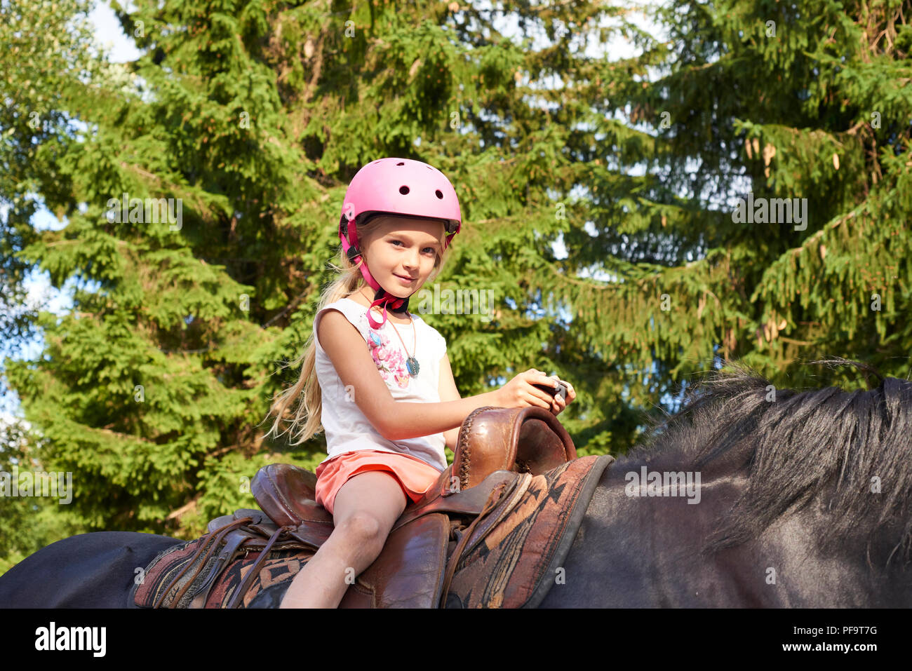 Horseback riding, lovely equestrian - little girl is riding a horse ...