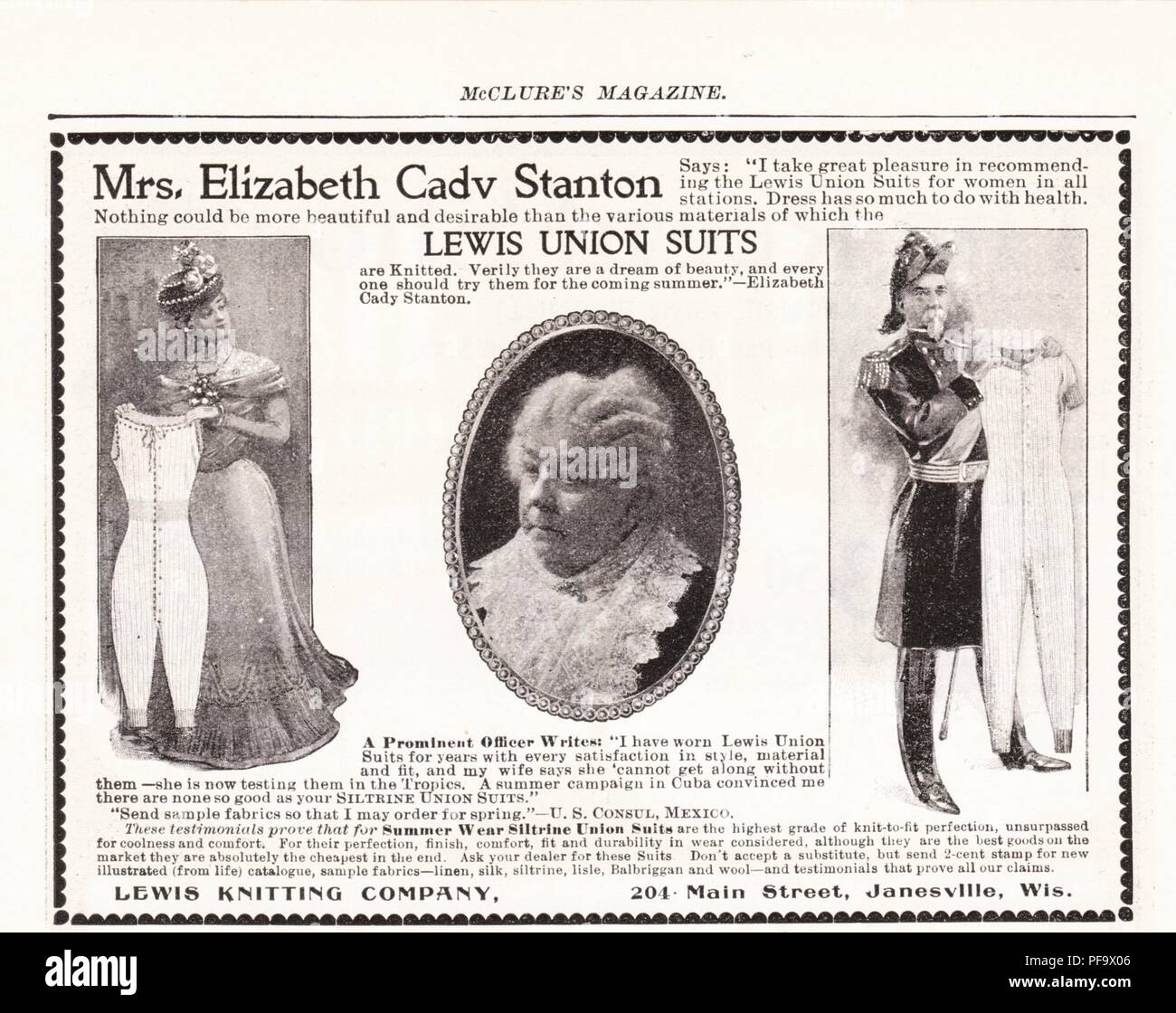 Black and white advertisement for 'Lewis Union Suits, ' with a headshot ...