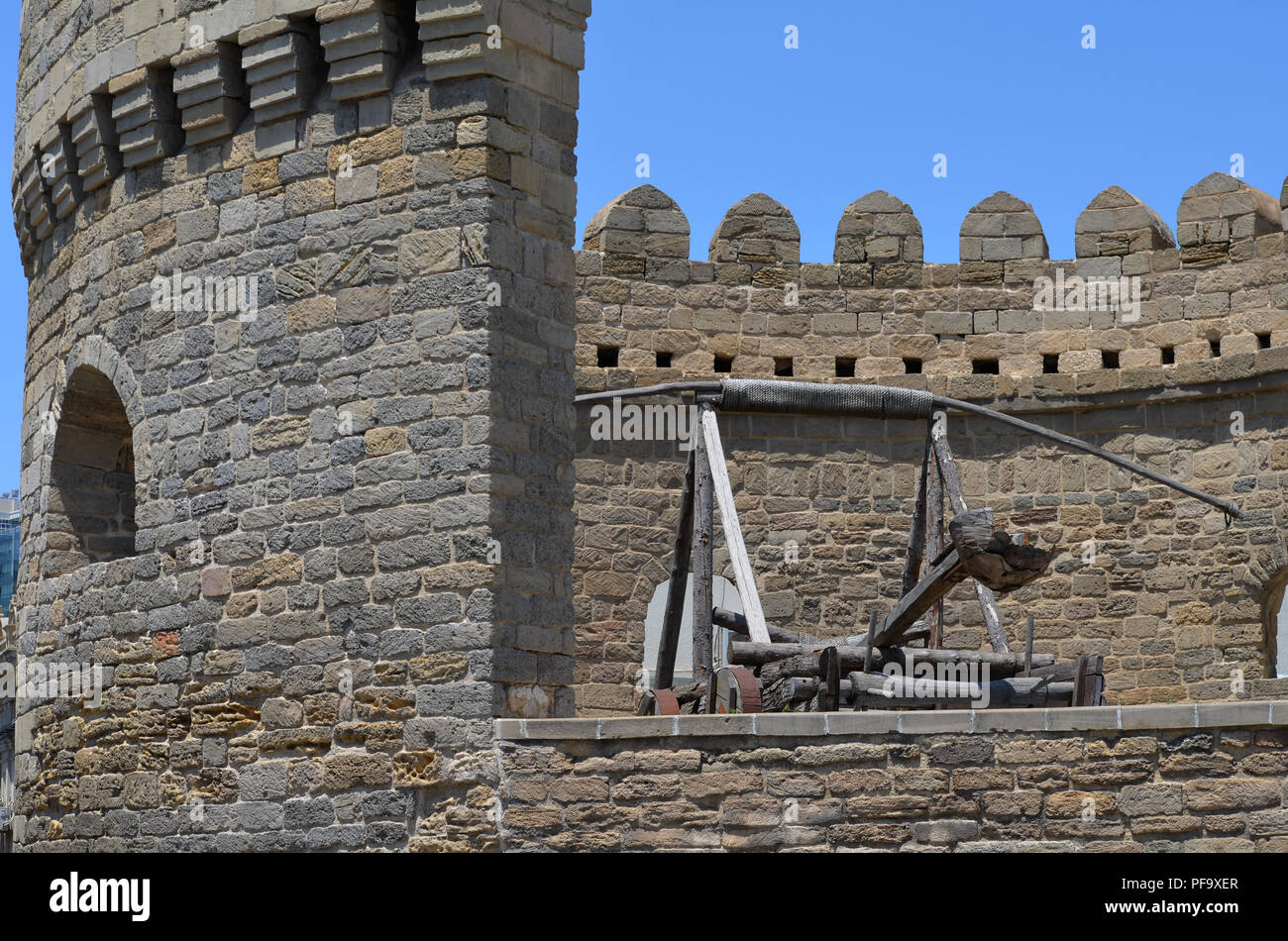 Catapult in a defense tower at Baku’s old fortress, Azerbaijan Stock ...