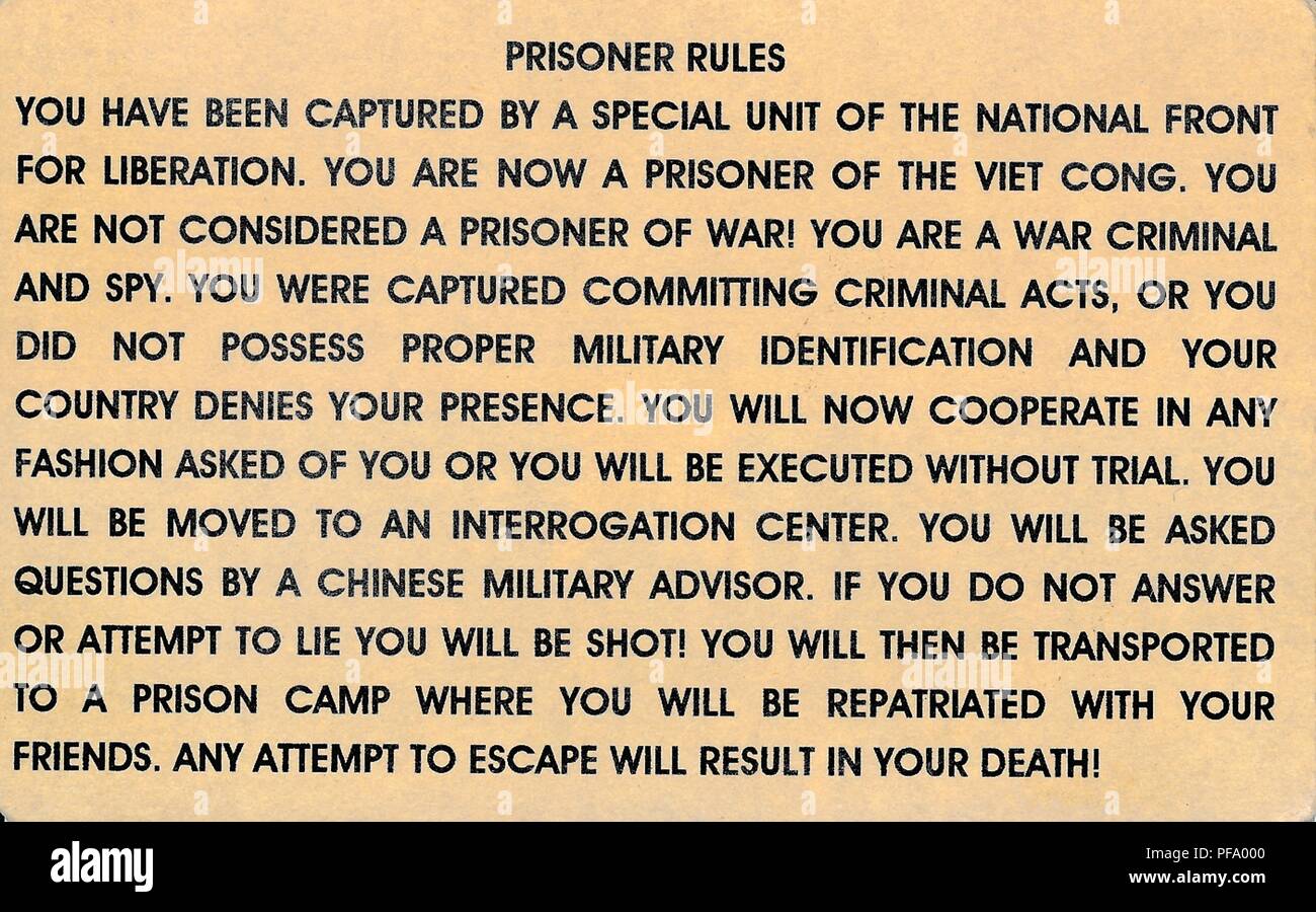Instruction card issued to American prisoners of war in Vietnam during ...
