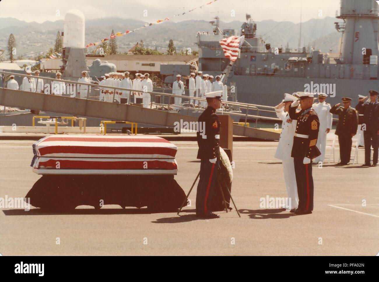 Color photograph, showing several units of servicemen, including United ...