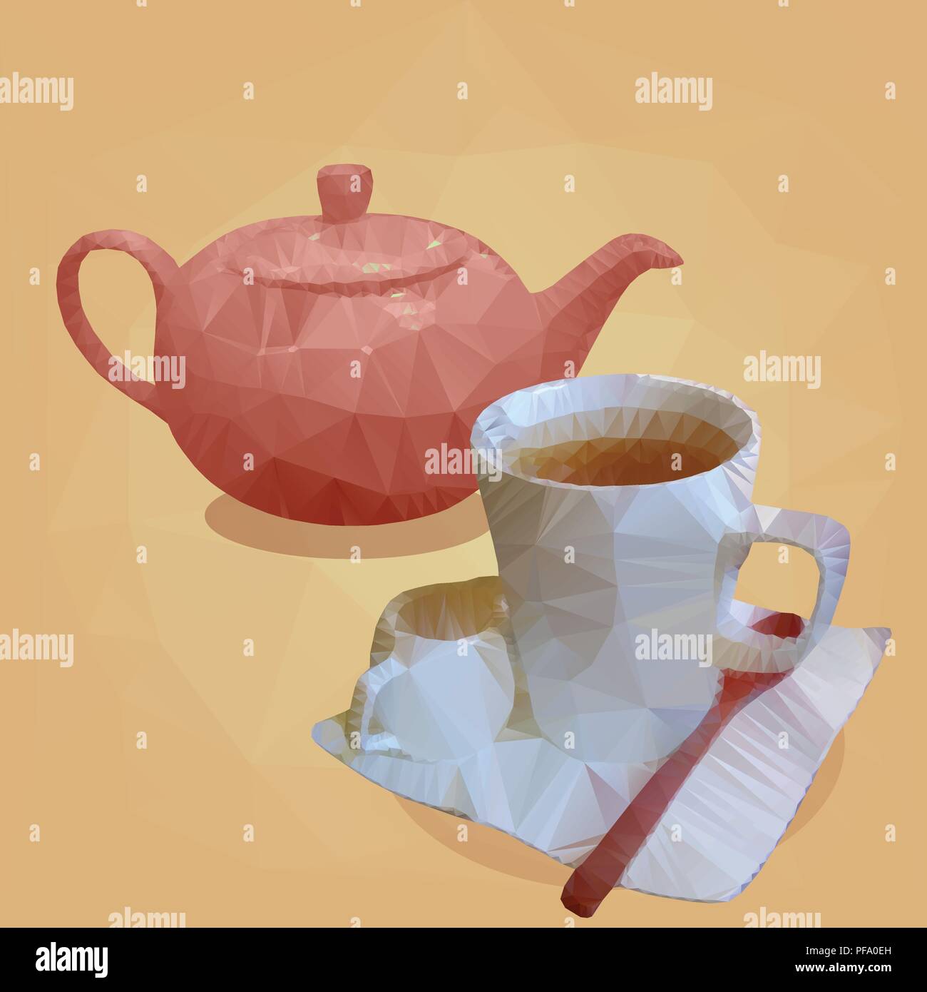 low poly triangulated style red teapot and white cup of tea Stock ...