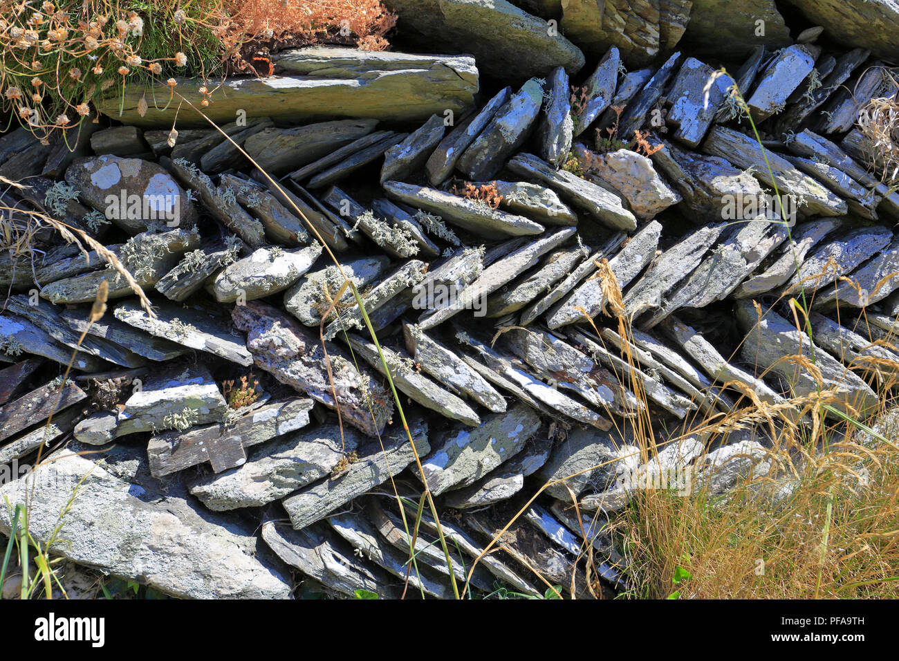 Herringbone patterned slate dry stone wall at St Materiana's Church ...