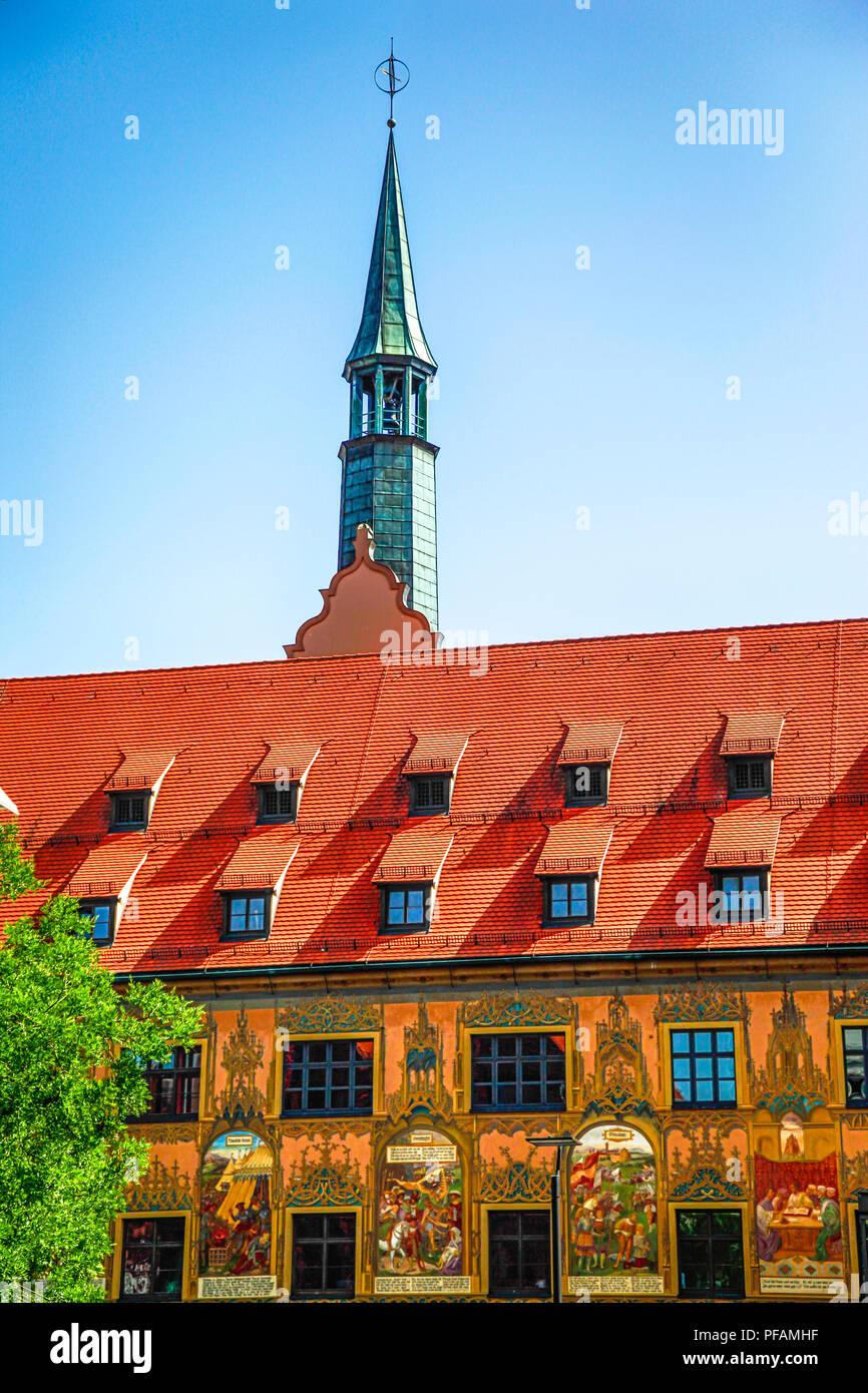 Painted frontages of buildings in the medieval city of Ulm, Germany ...