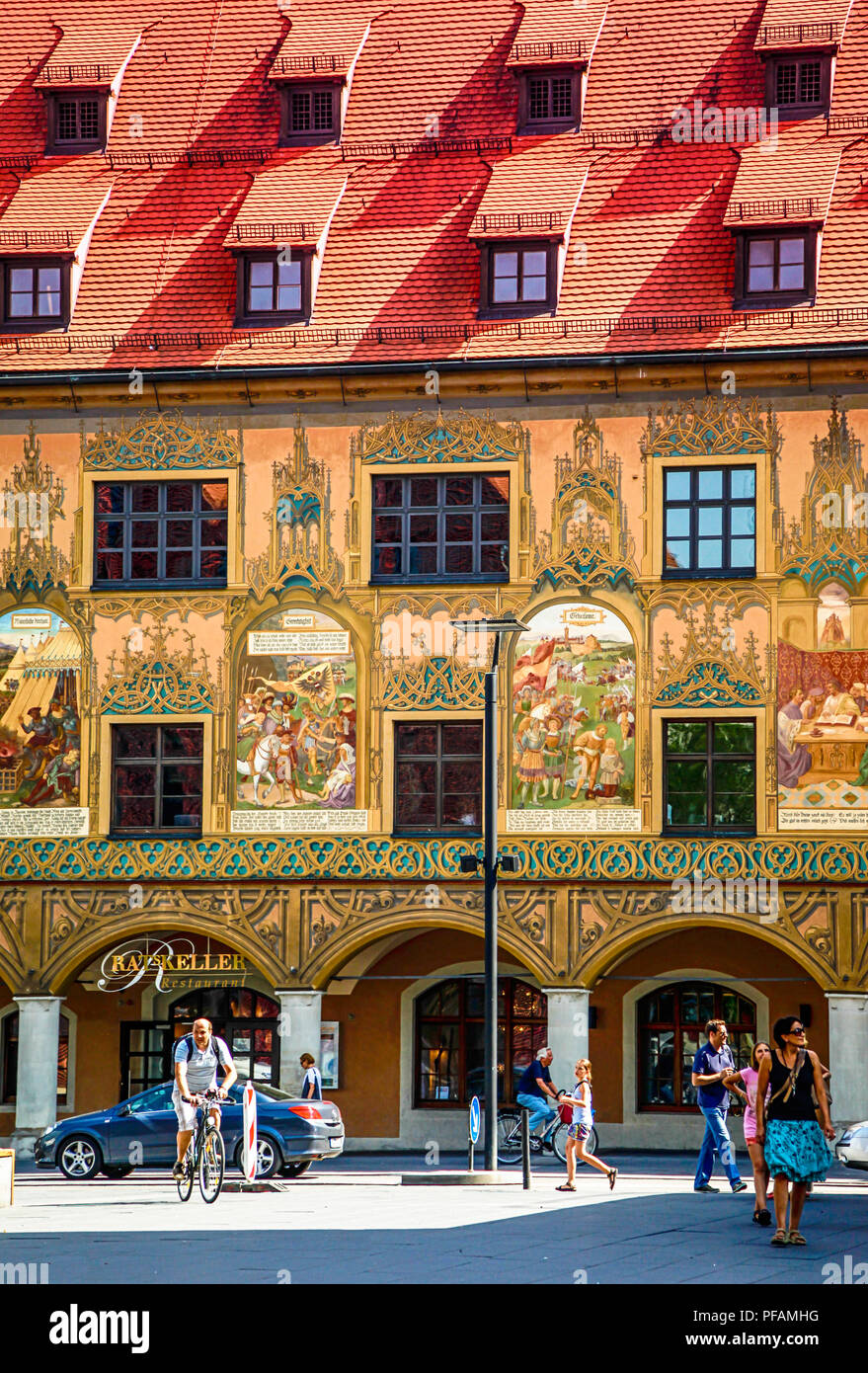 Painted frontages of buildings in the medieval city of Ulm, Germany ...