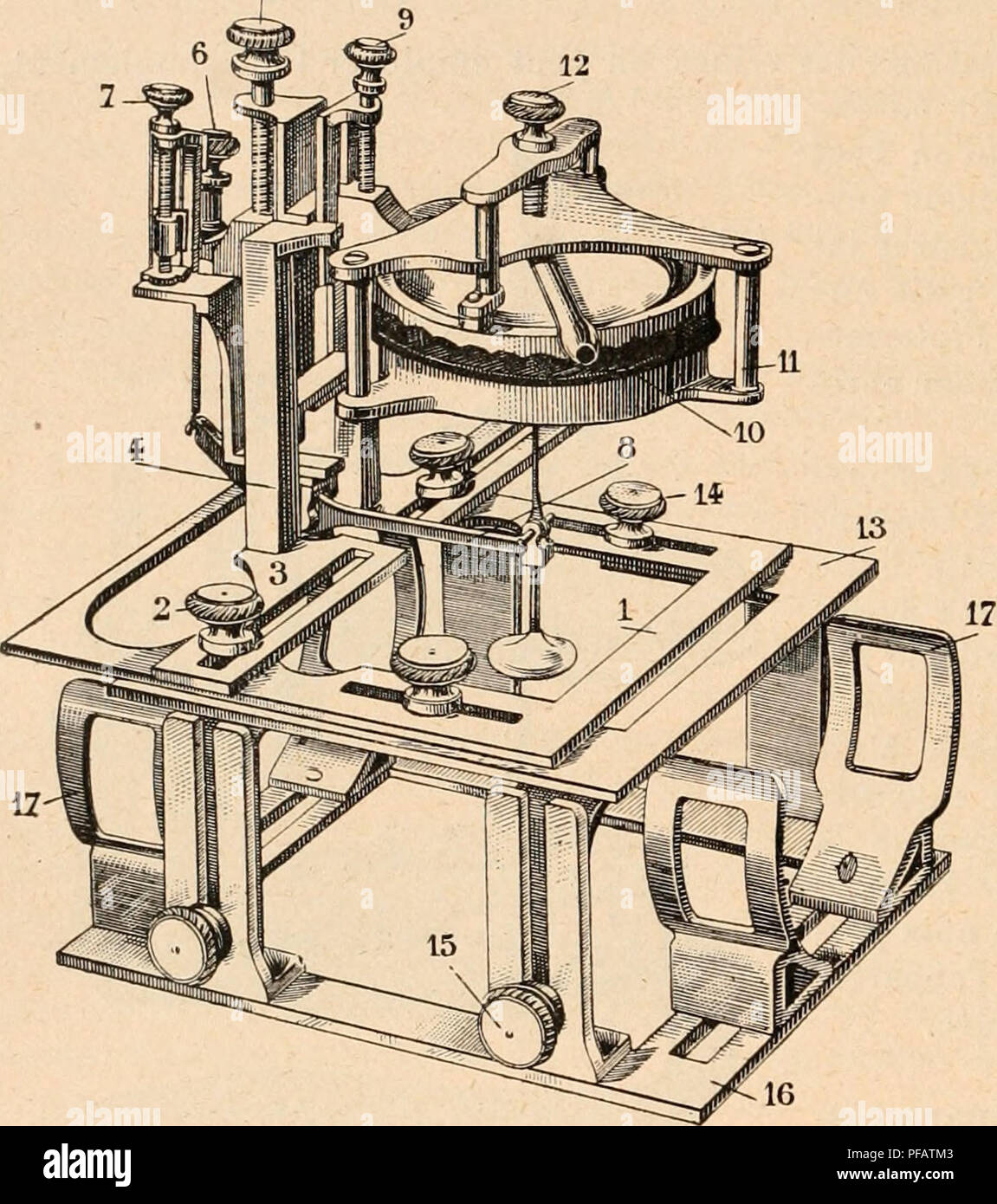 This illustration depicts a sphygmograph, a medical instrument used to ...