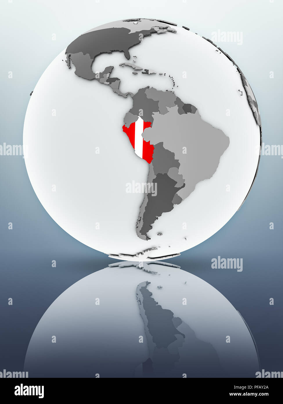 Peru with flag on globe reflecting on surface. 3D illustration Stock ...