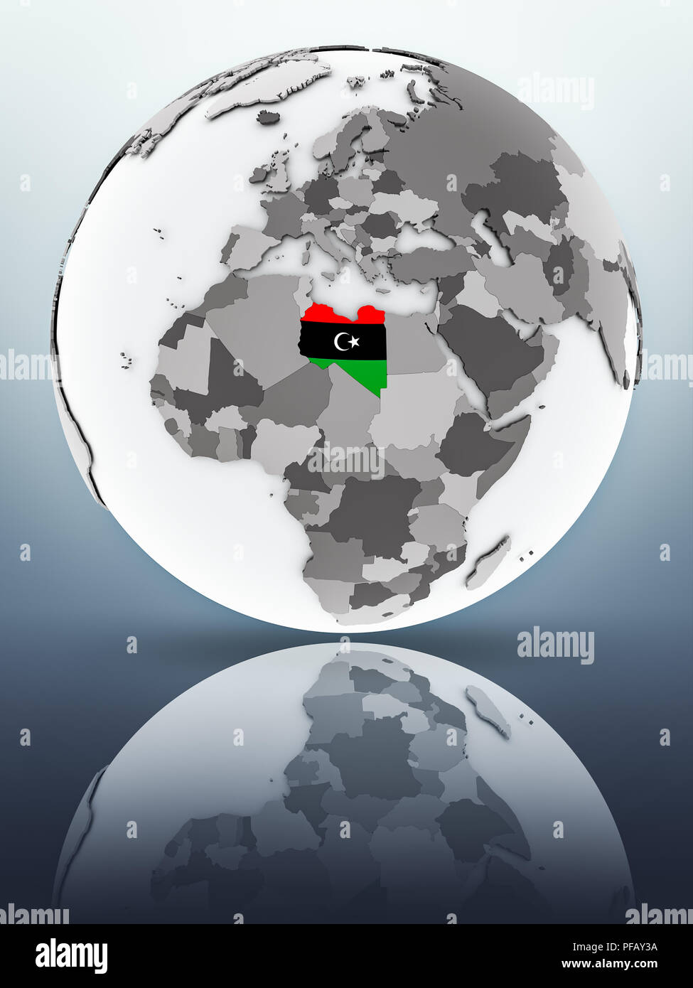 Libya with flag on globe reflecting on surface. 3D illustration Stock ...