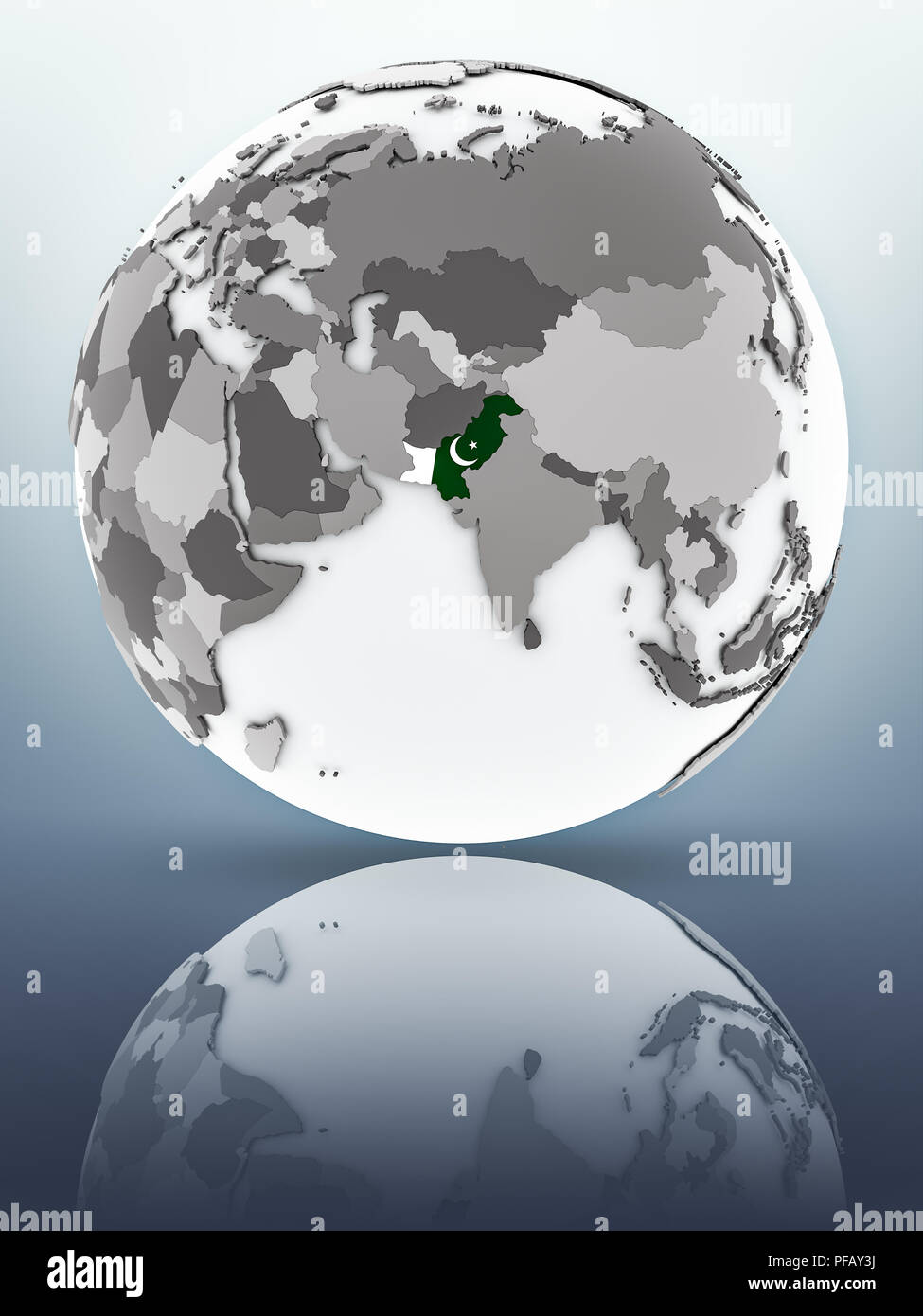 Pakistan with flag on globe reflecting on surface. 3D illustration ...