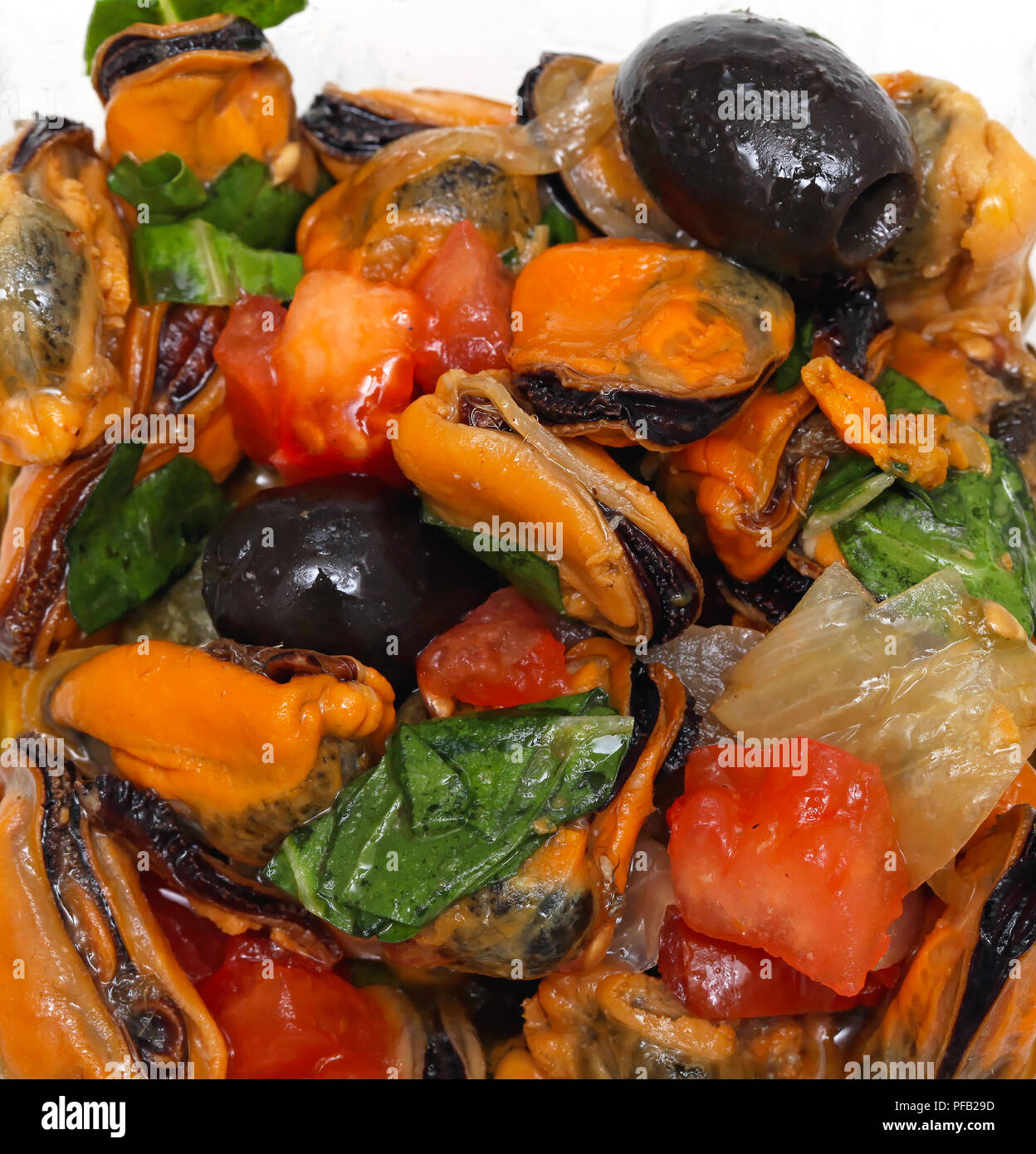 Seafood salad with mussel shellfish and olives Stock Photo - Alamy