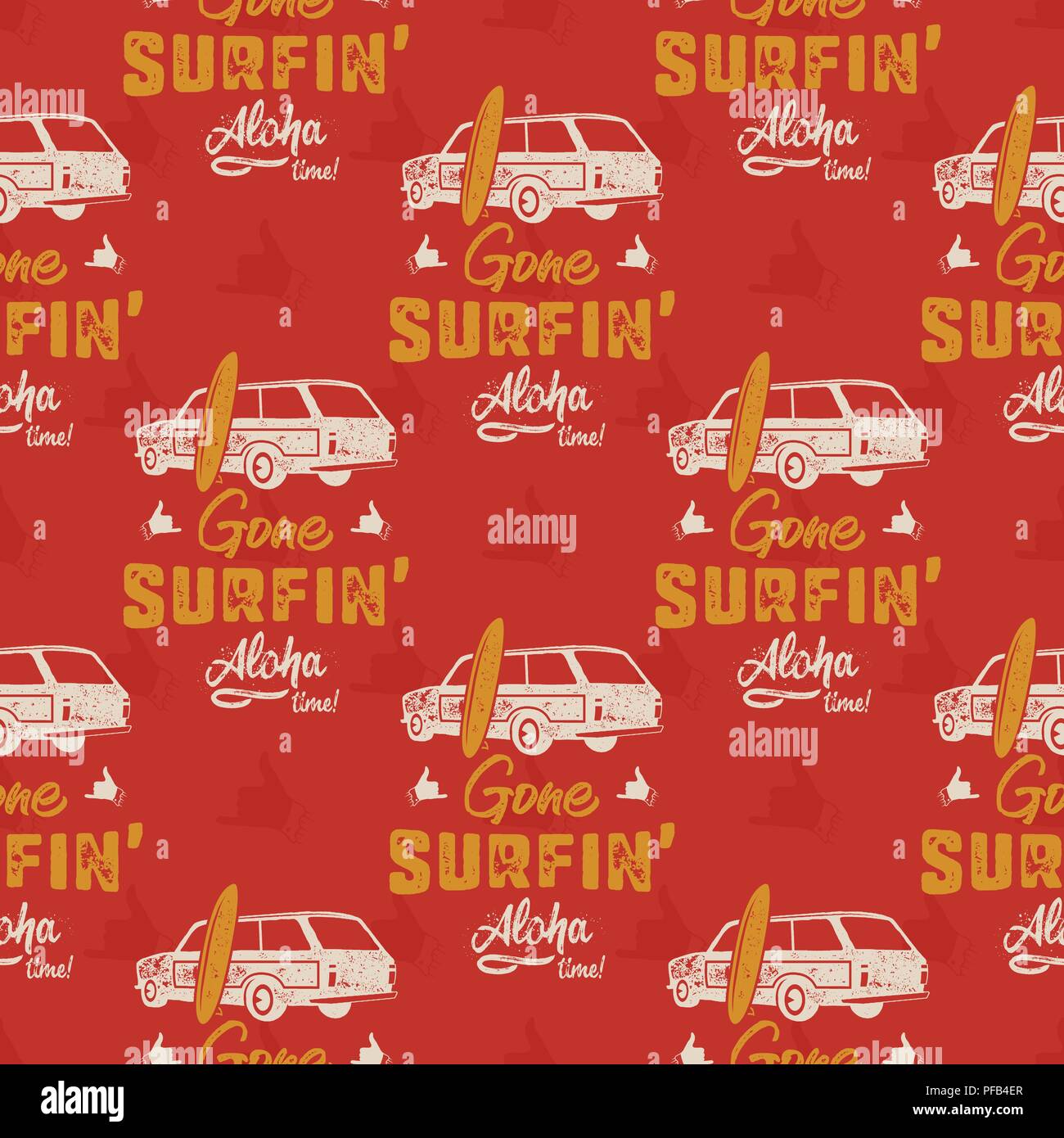 Surfing car pattern. Vintage hand drawn surf wagon with surfboard ...