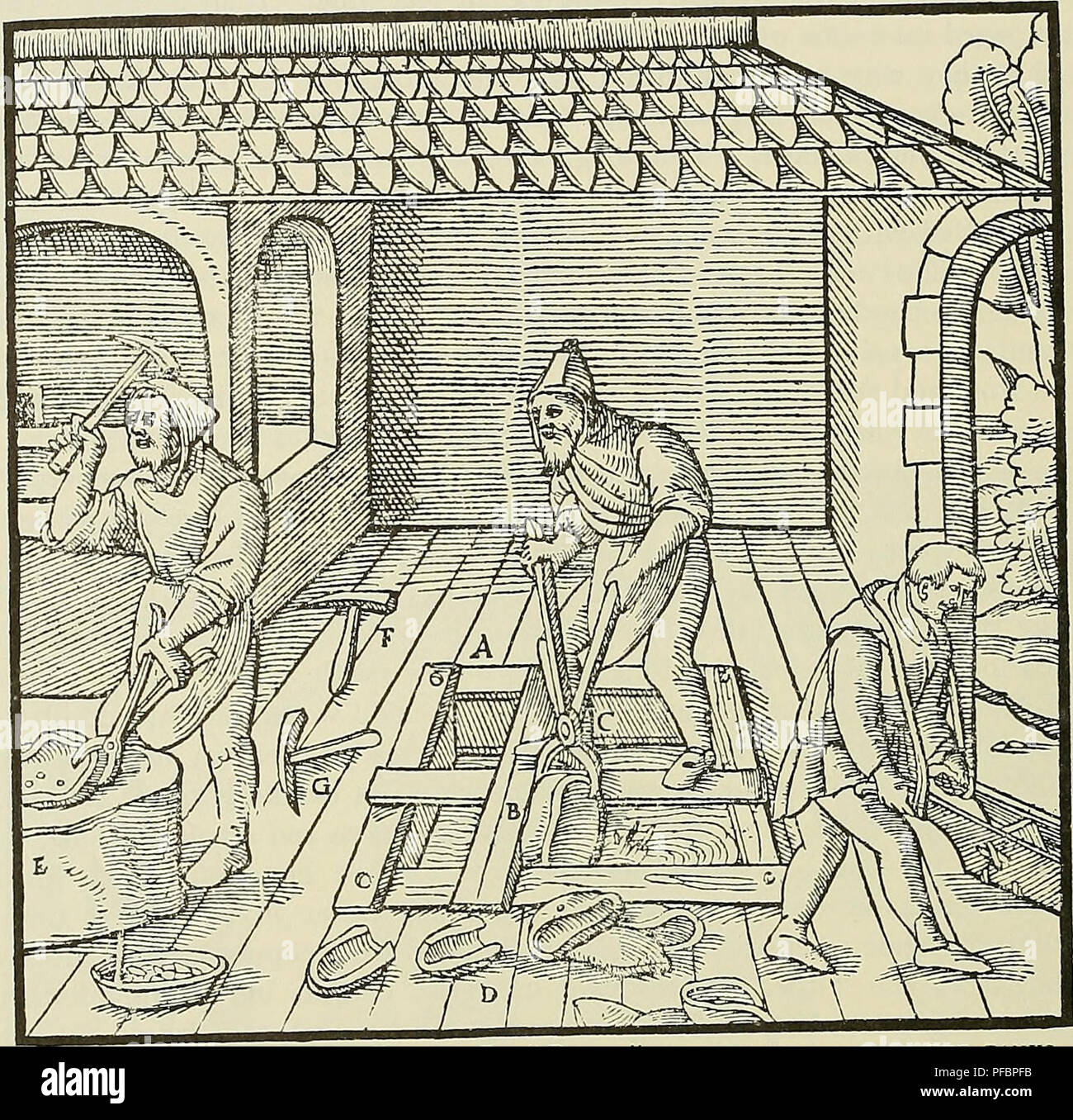 This image illustrates an ancient mining and metallurgy process ...