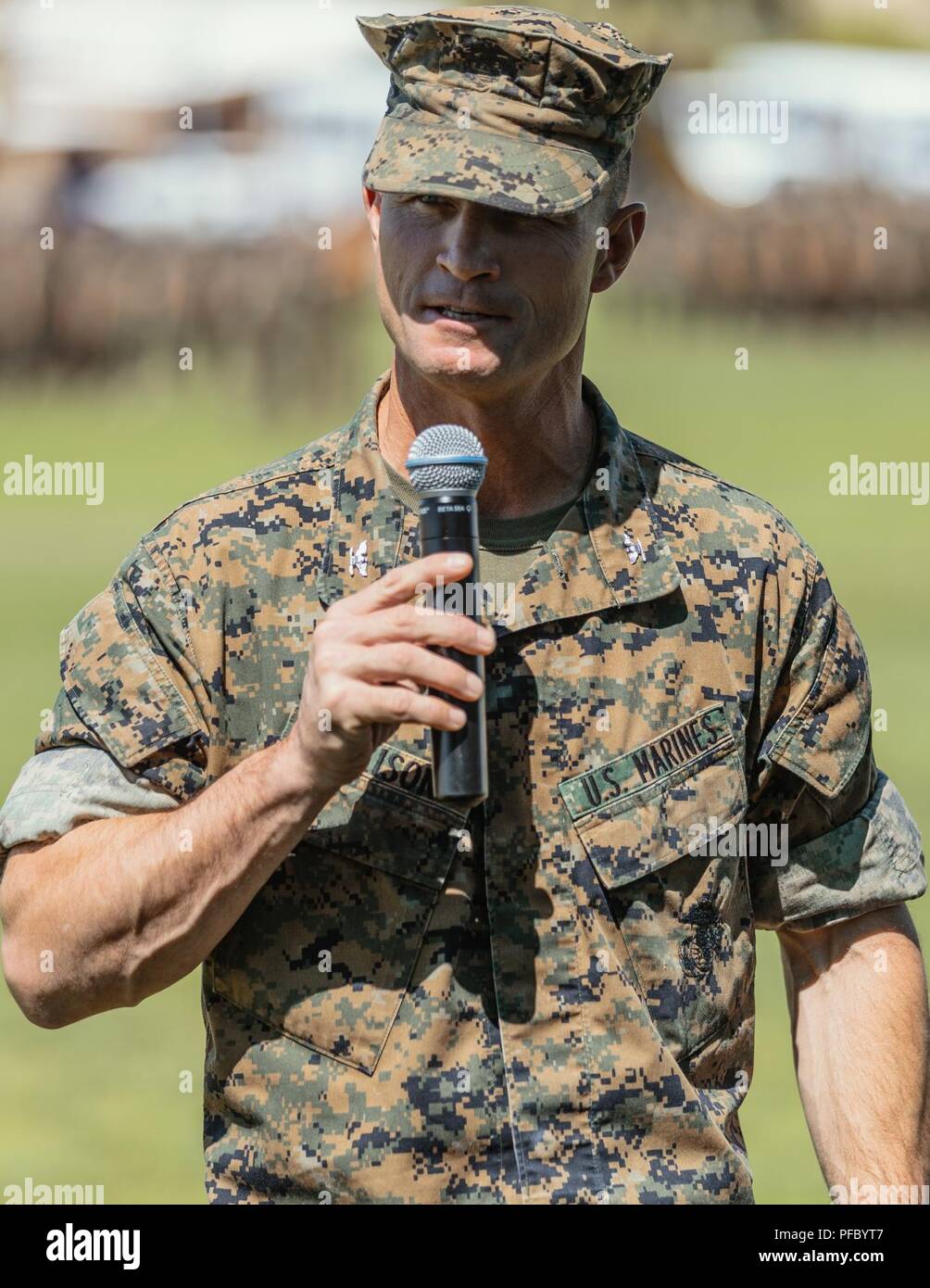 Col. Kyle B. Ellison, commanding officer, 7th Marine Regiment, gives a ...