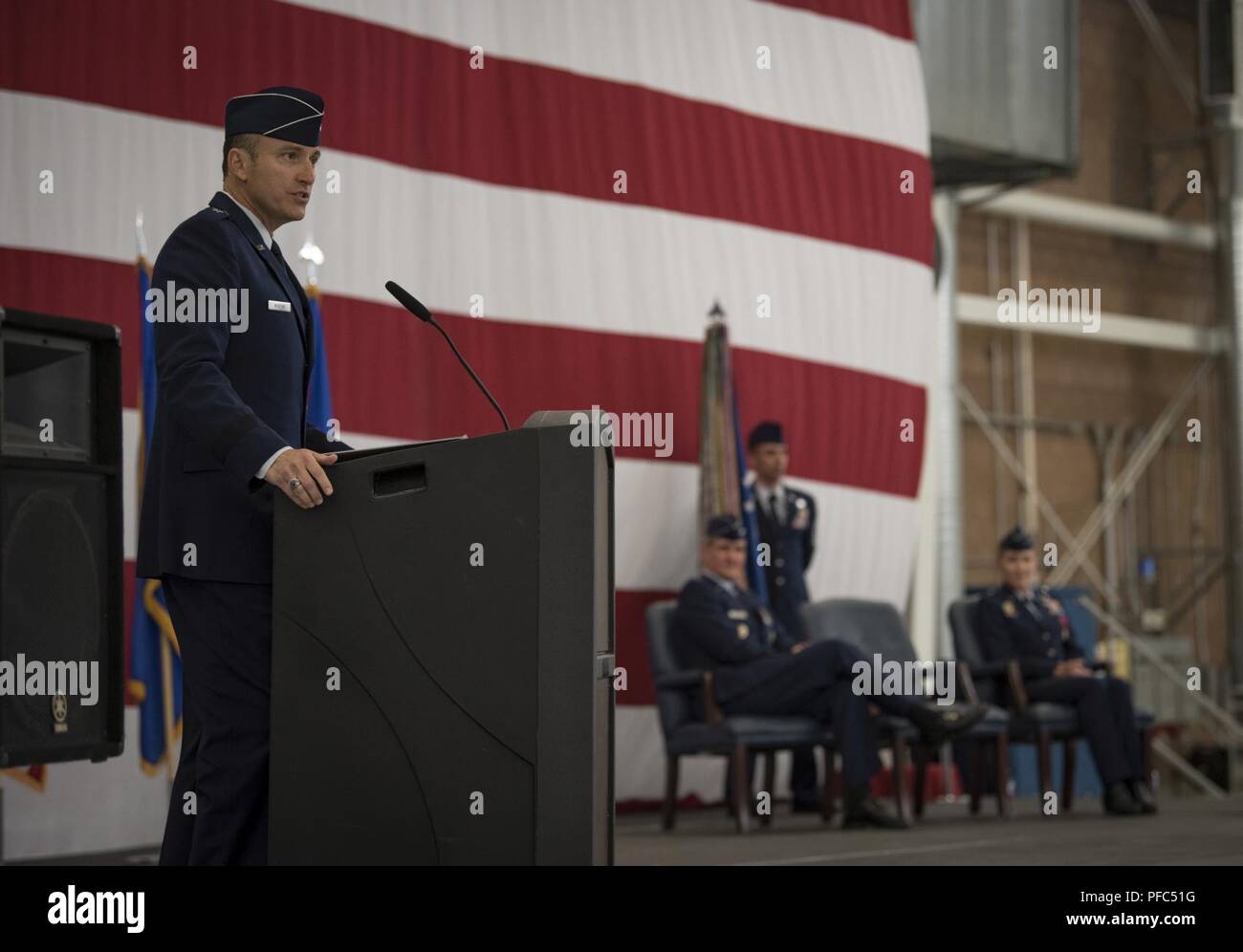 Brig. Gen. Robert Novotny, 57th Wing commander, speaks during the 57th ...
