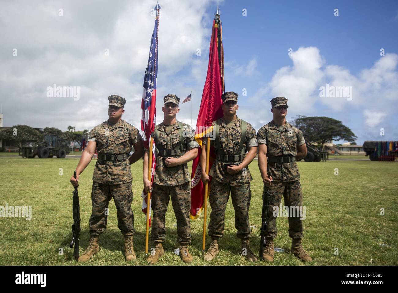 U.S. Marines with the Combat Logistics Battalion 3 (CLB-3) colorguard ...