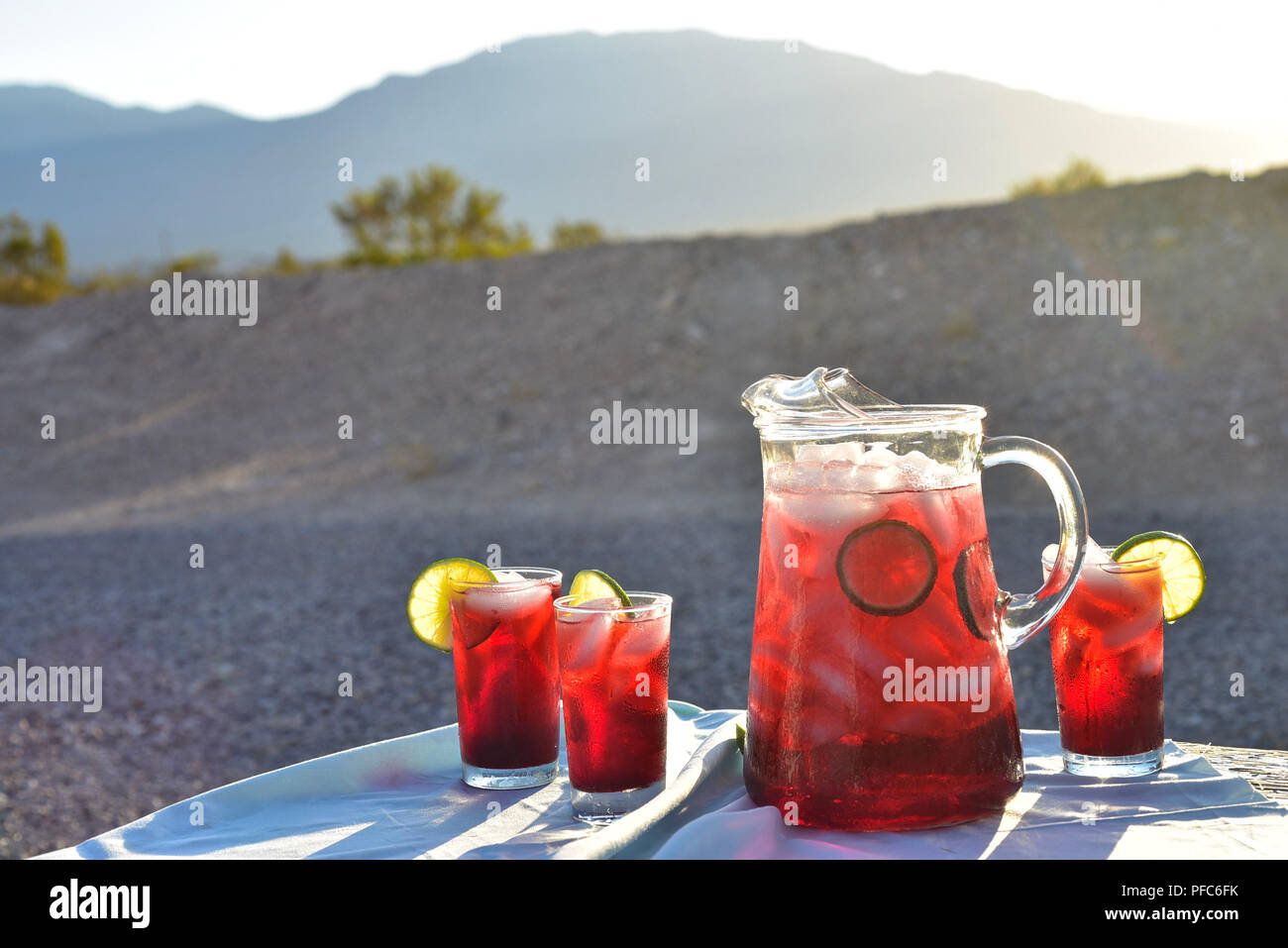 red colorful hibiscus flower iced tea cold drink in glasses and pitcher ...