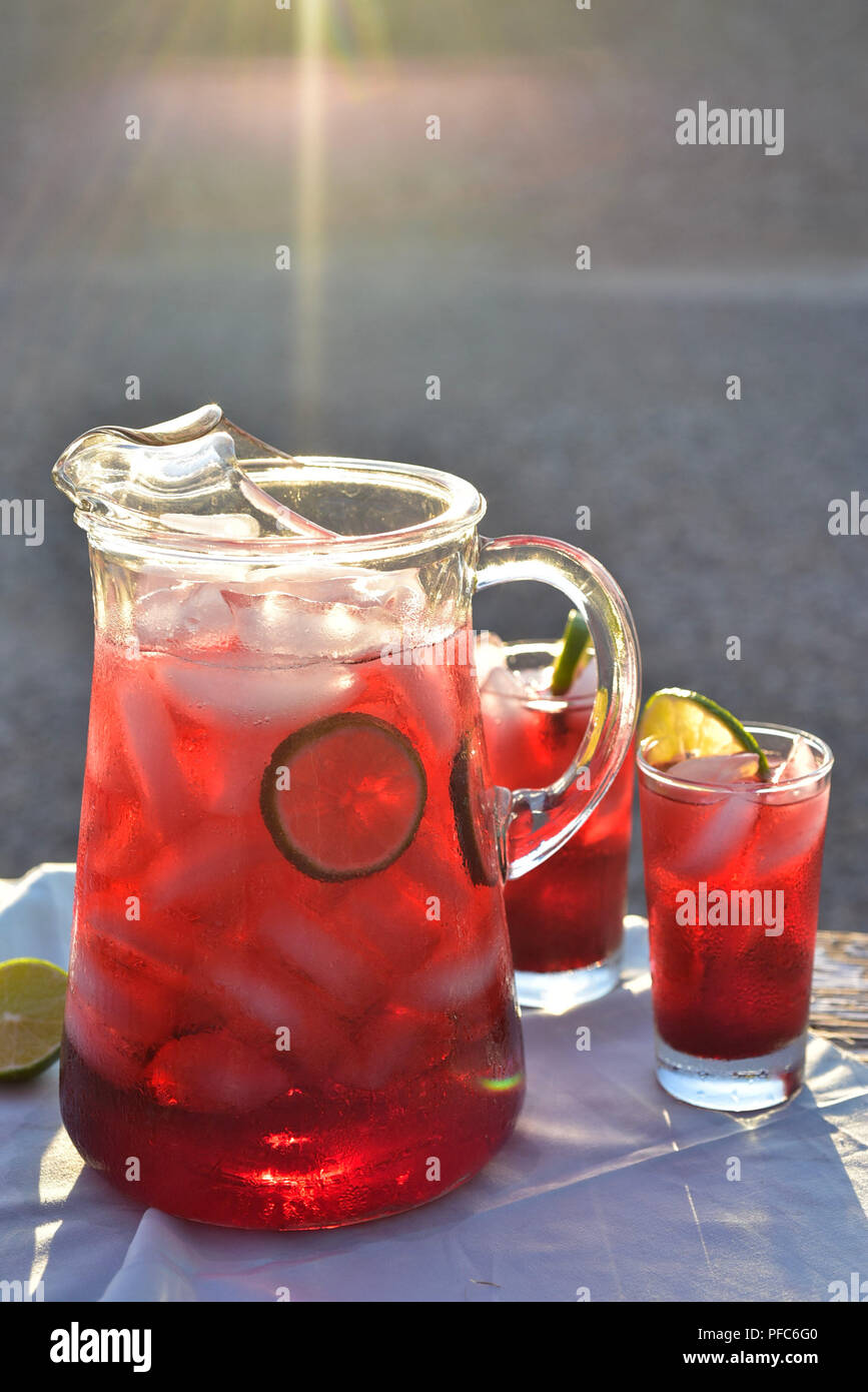 red colorful hibiscus flower iced tea cold drink in glasses and pitcher ...