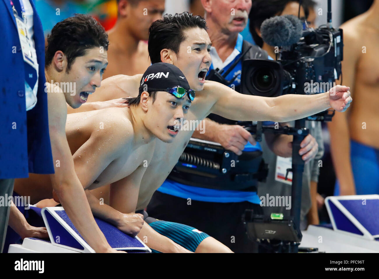 Jakarta, Indonesia. 20th Aug, 2018. (L to R) Kosuke Hagino, Reo Sakata, Naito Ehara (JPN ...