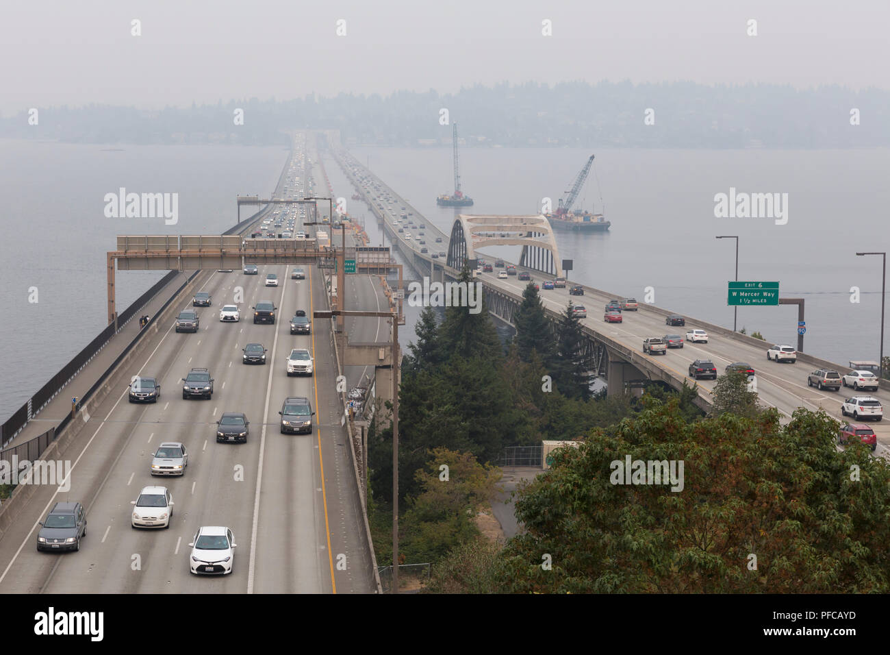 Seattle, Washington: View of the Interstate 90 floating bridges during ...