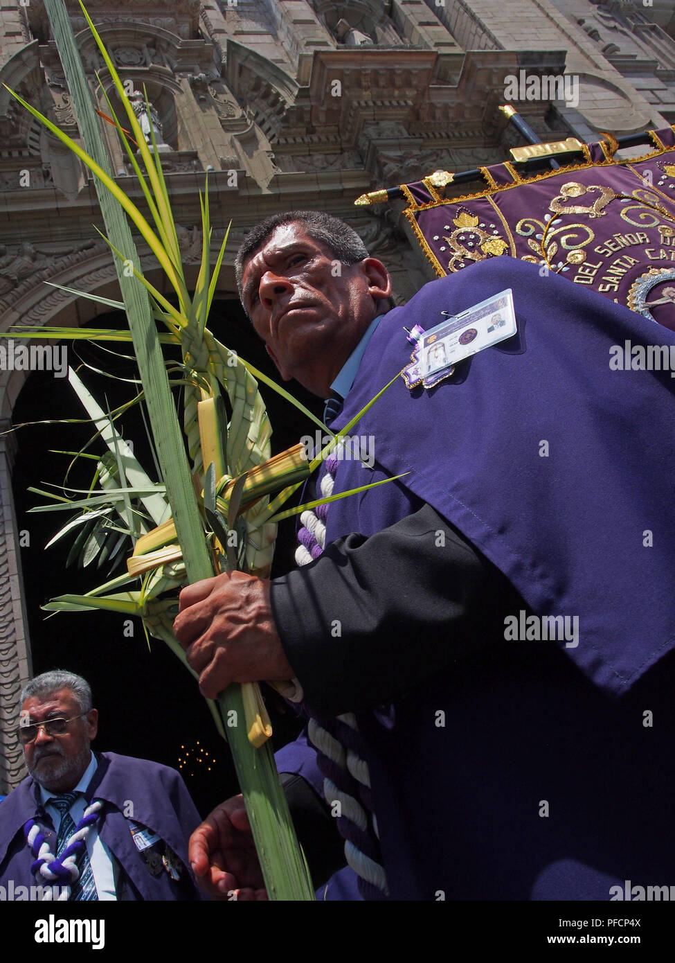 A devotee, wearing a purple habit, holds a palm to be blessed on Palm ...