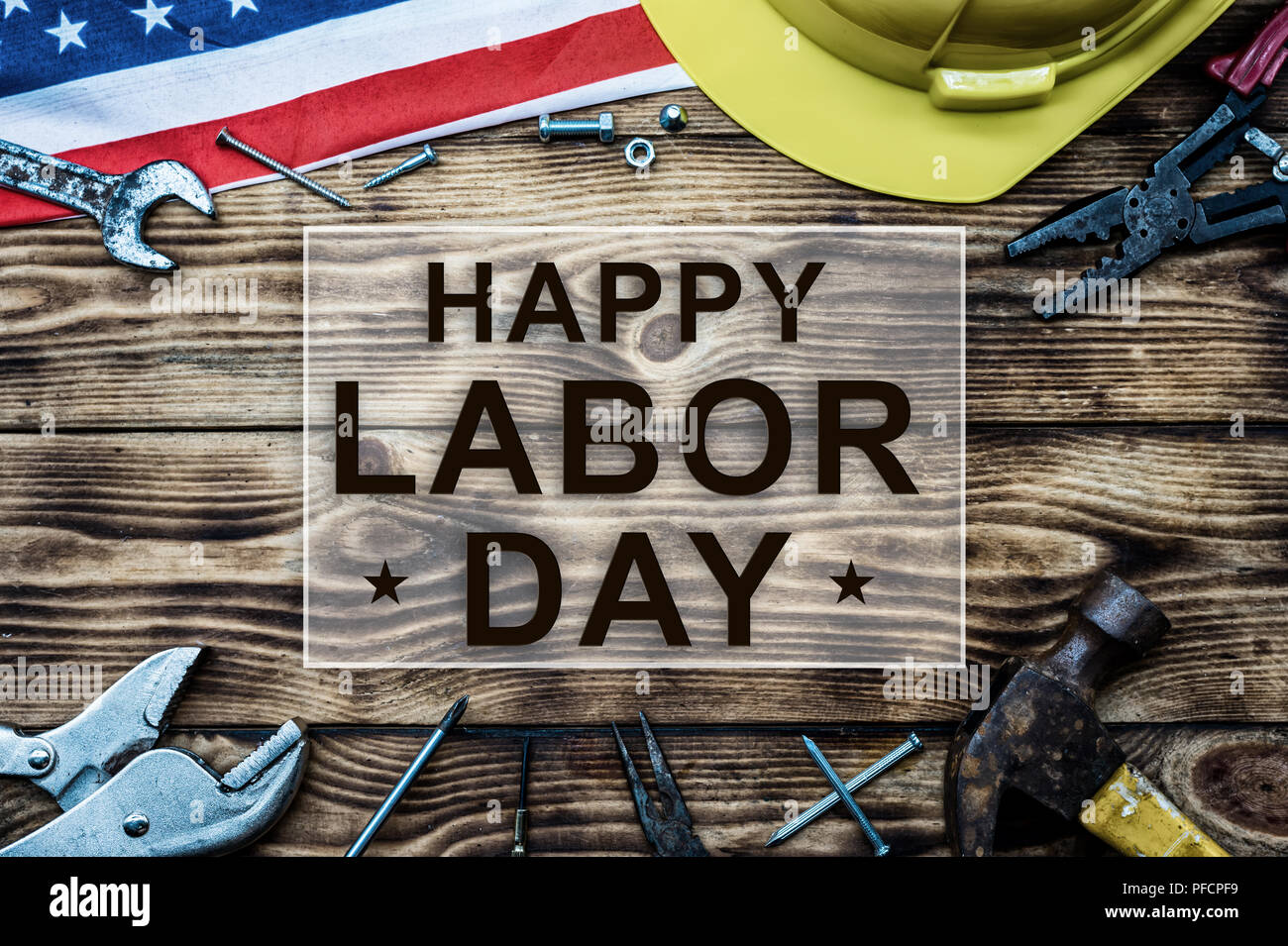 Happy Labor day. Construction tools. Text on wood background Stock ...