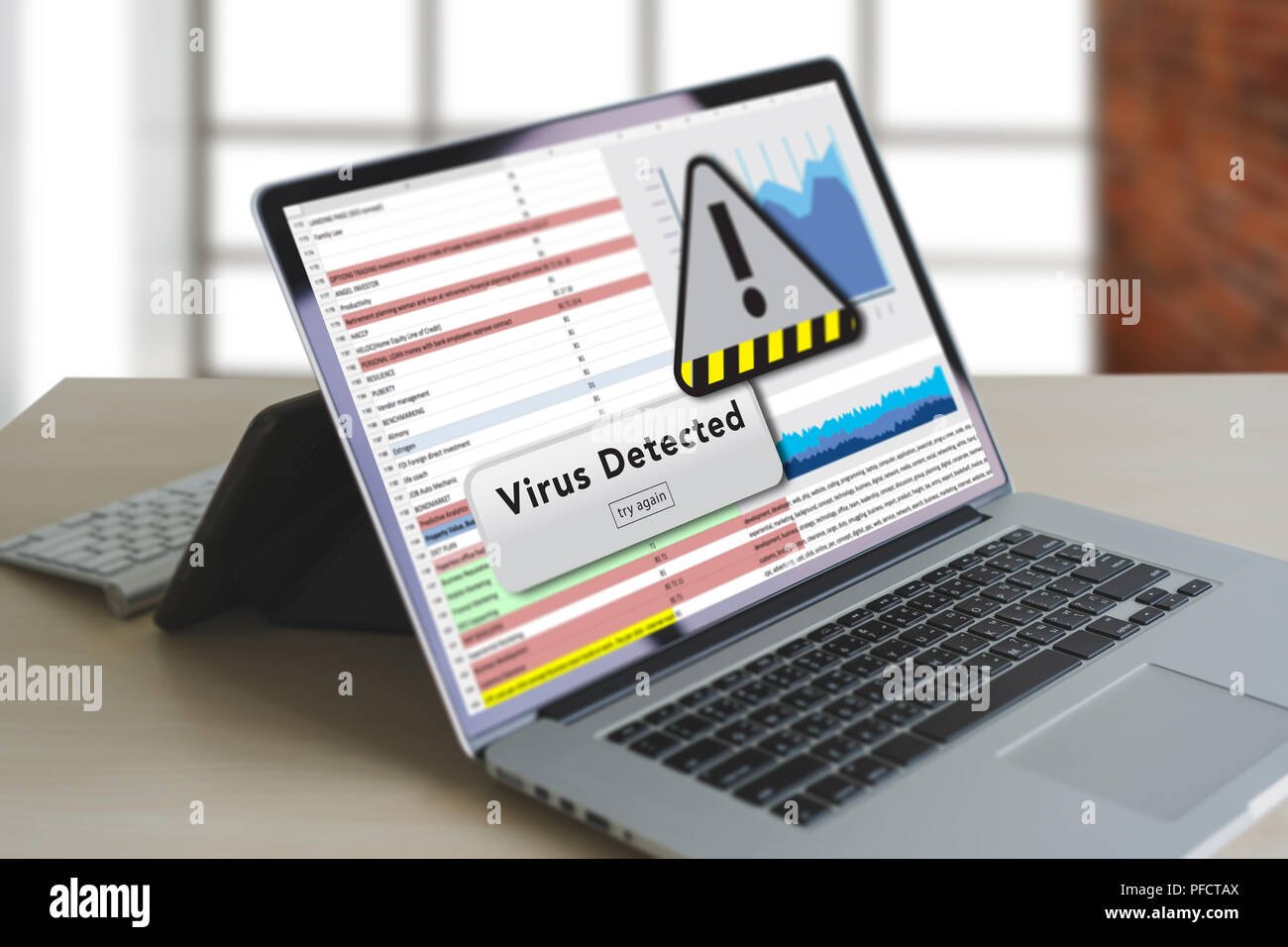 Hacker Protection Concept Man working on laptop Virus Detected Alert ...