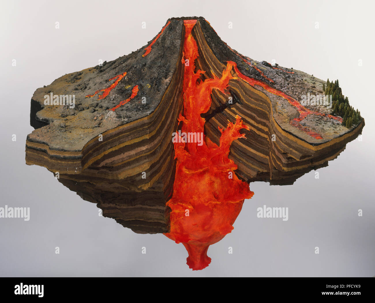 Cross-section model illustrating lava flow during volcanic eruption ...