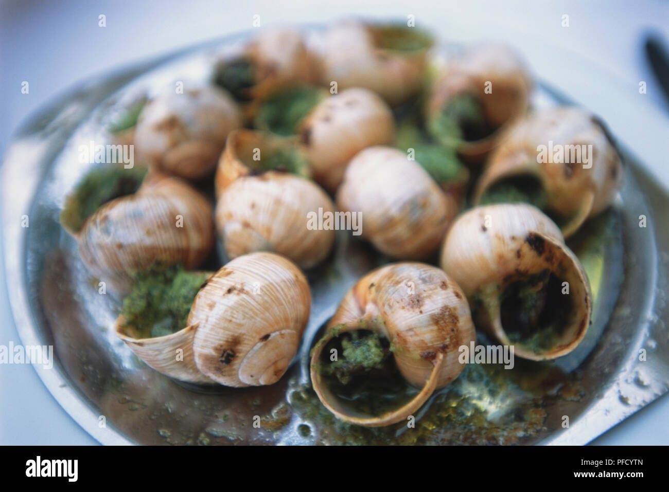 Cooked snails on metal plate, close up Stock Photo - Alamy