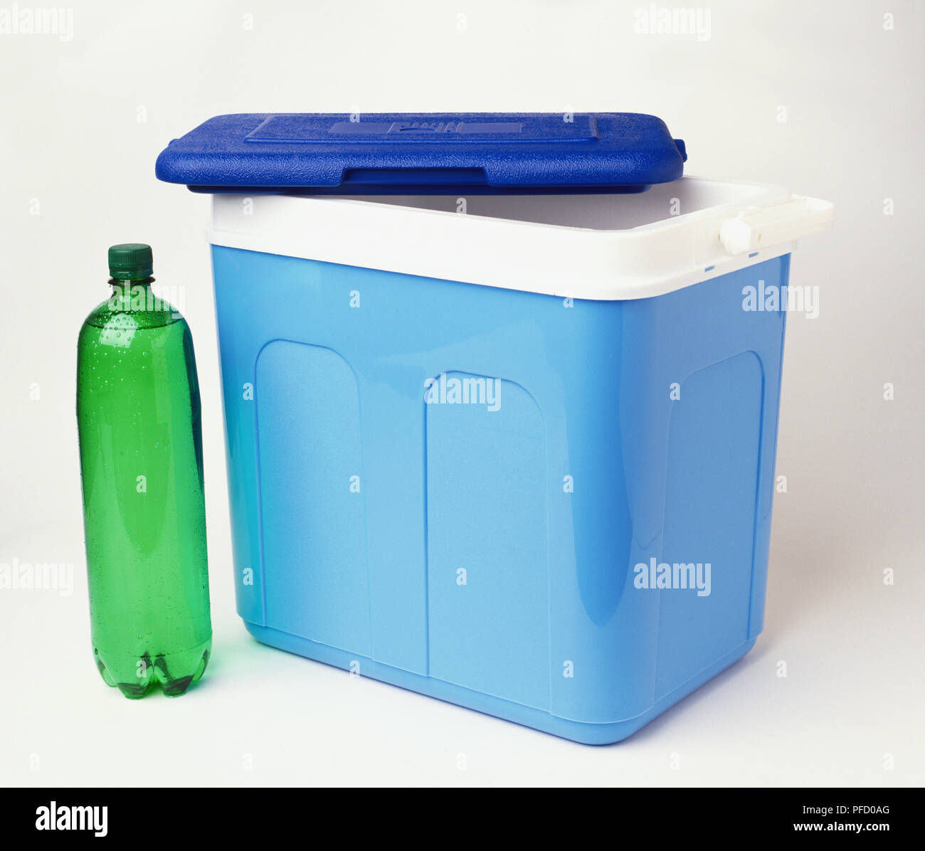 Blue cooler box and green plastic drink bottle, front view Stock Photo ...