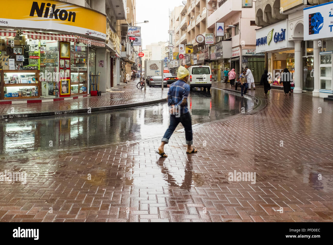 A rare rainy day in the backstreets of Deira in Dubai, United Arab ...