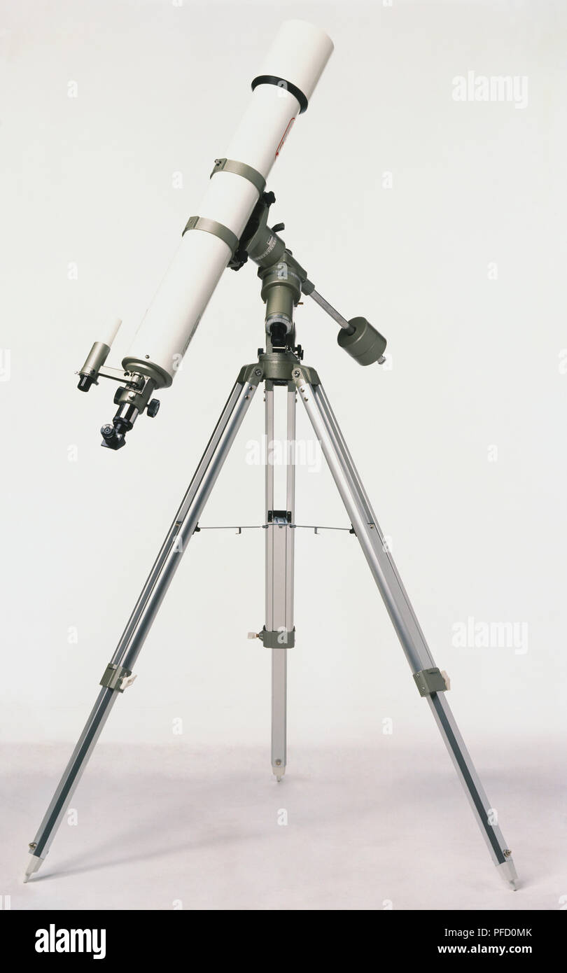 White telescope on silver tripod, turned upwards, side view Stock Photo ...