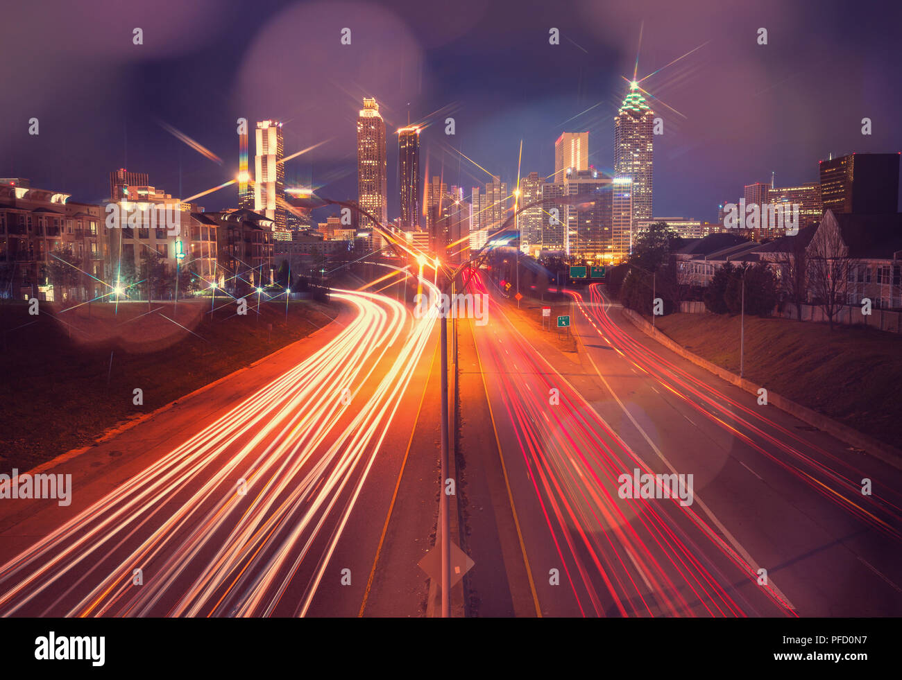 Atlanta city night skyline with bokeh lights, Georgia, USA Stock Photo ...