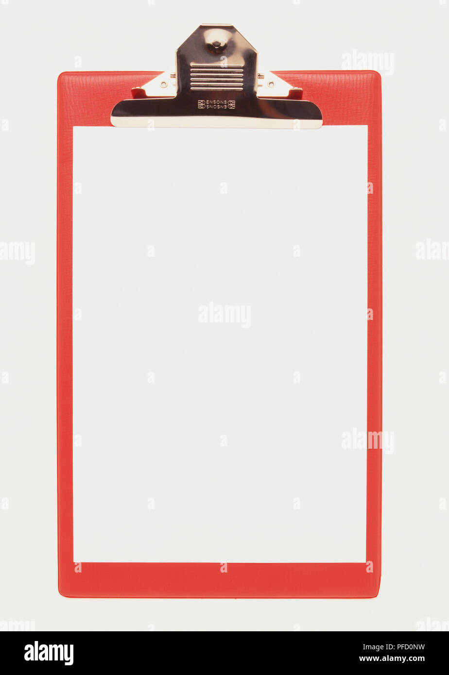 Rectangular office clip board, red plastic board, metallic clip at top ...
