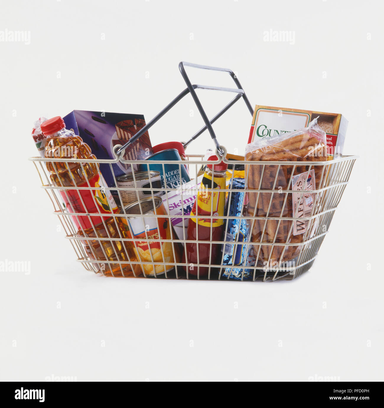 Supermarket shopping basket, containing mixture of packaged food ...