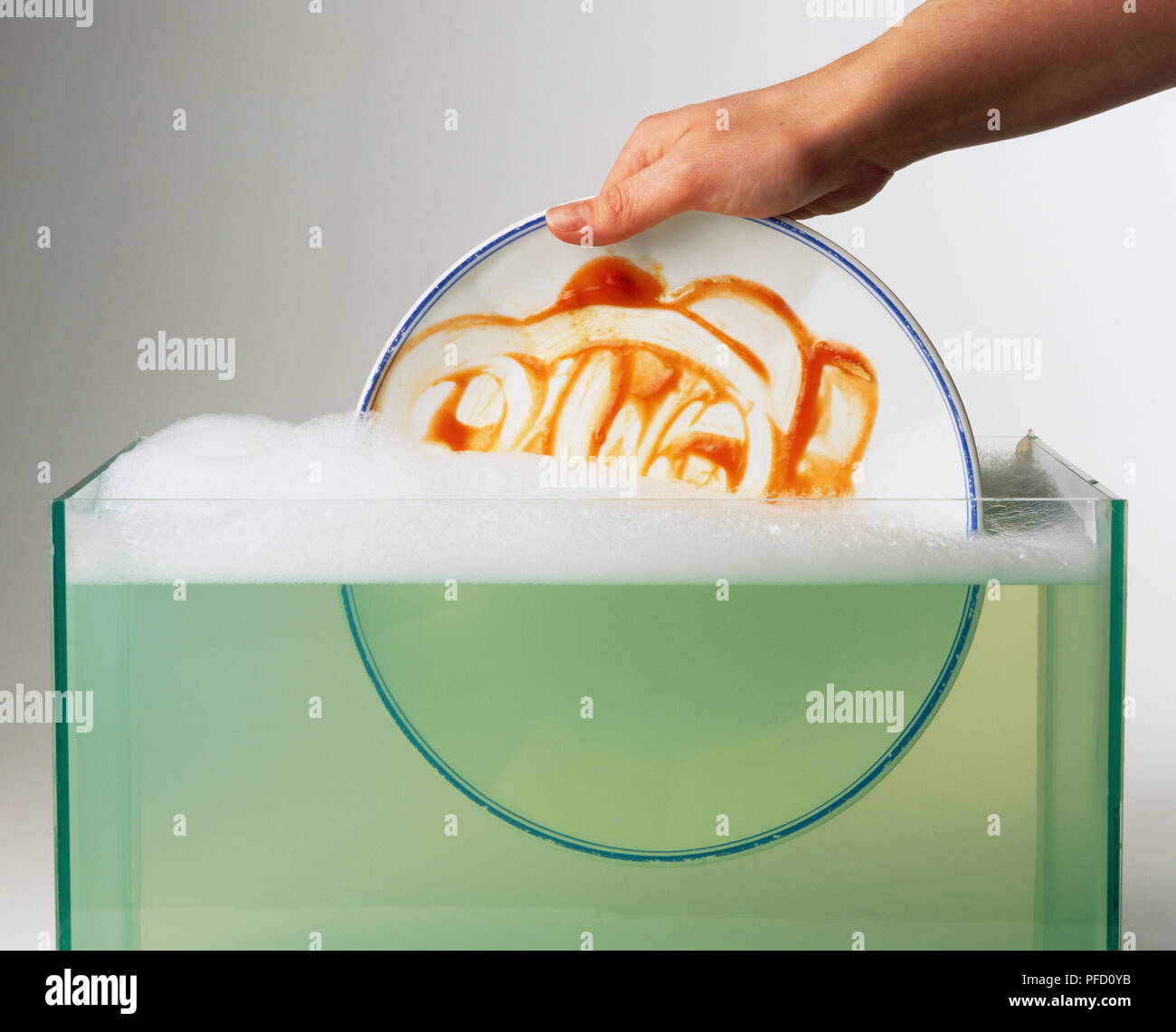 Dipping dirty plate in transparent container filled with washing up ...