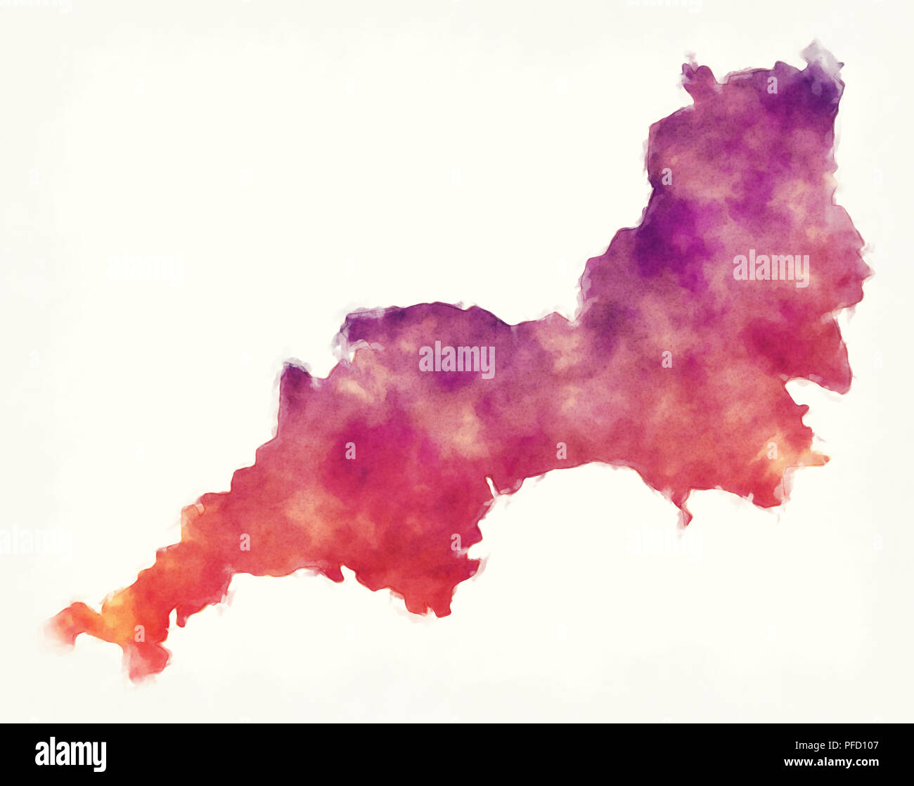 South West England UK watercolor map in front of a white background ...