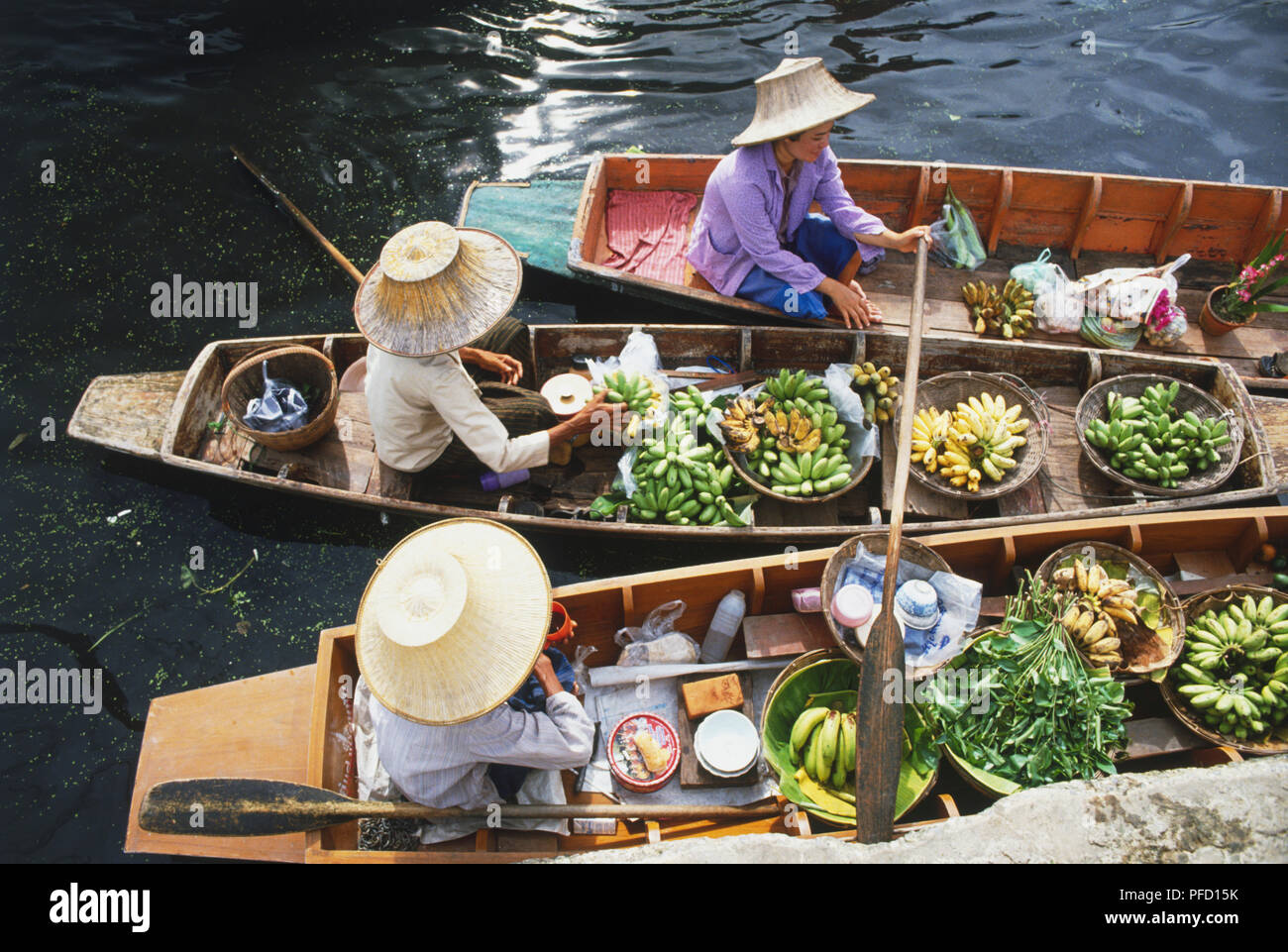 Thailand, Bangkok, floating market, vegatables and fruit sold from ...