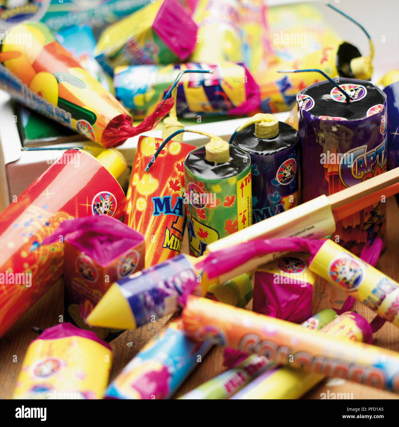 Fireworks in assorted colourful packaging Stock Photo - Alamy