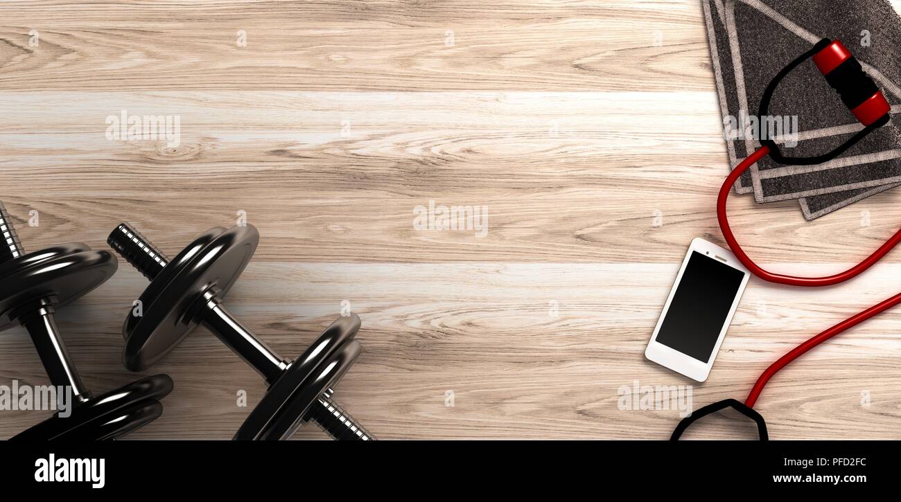 Fitness background with dumbbells and smartphone. View from above, 3D ...