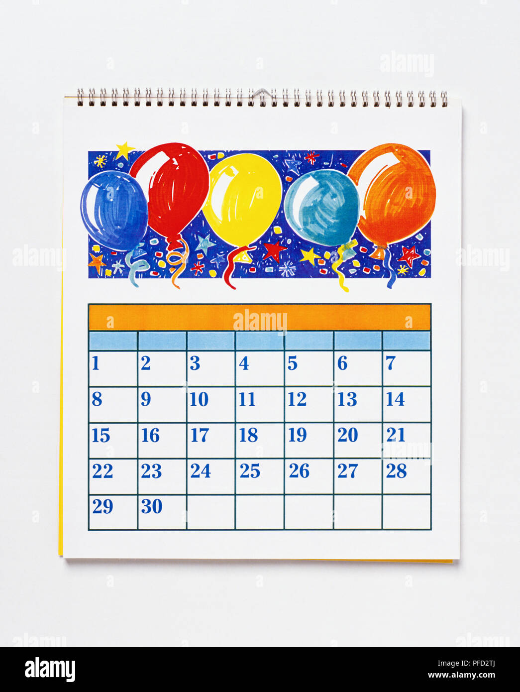 Calendar page with a picture of balloons at top Stock Photo - Alamy